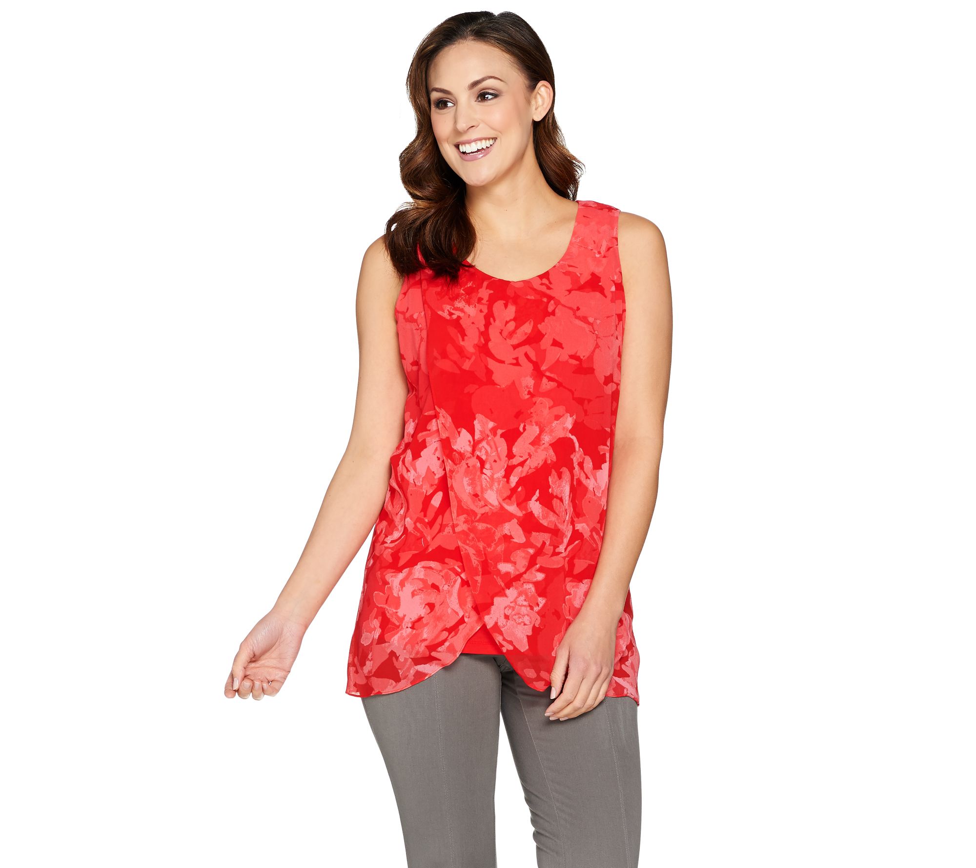 H by Halston Sleeveless Tunic w/ Floral Print Chiffon Overlay - QVC.com