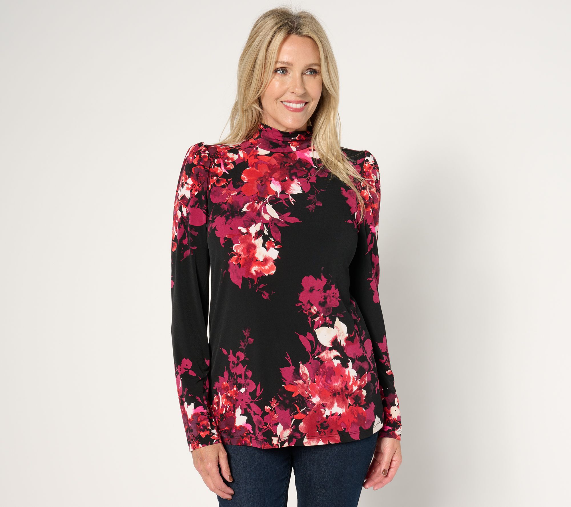 "As Is" Susan Graver Printed Liquid Knit Puff Sleeve Mock Neck Top ...