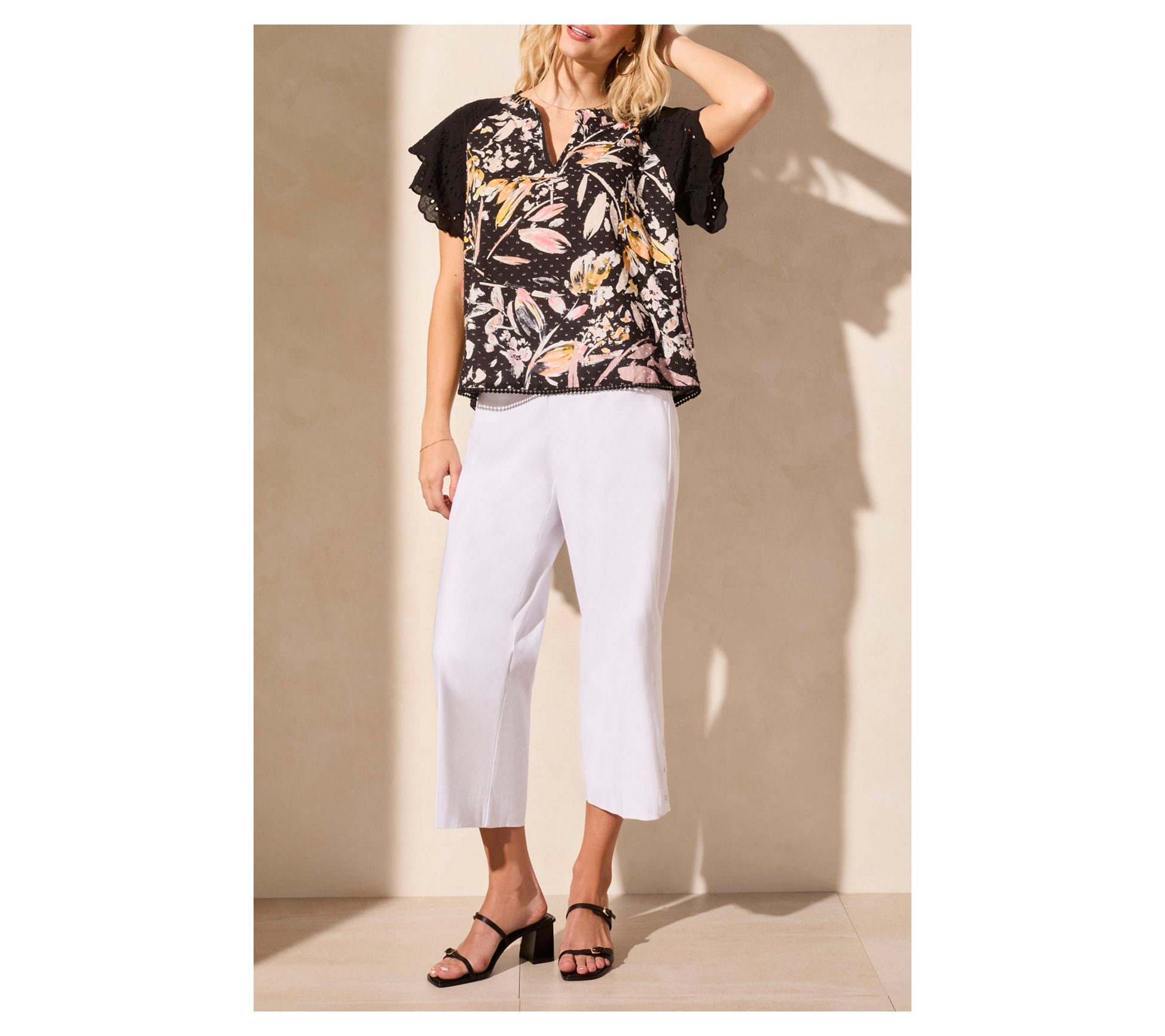 Tribal Printed Poplin Eyelet Flutter-Sleeve Blouse - QVC.com