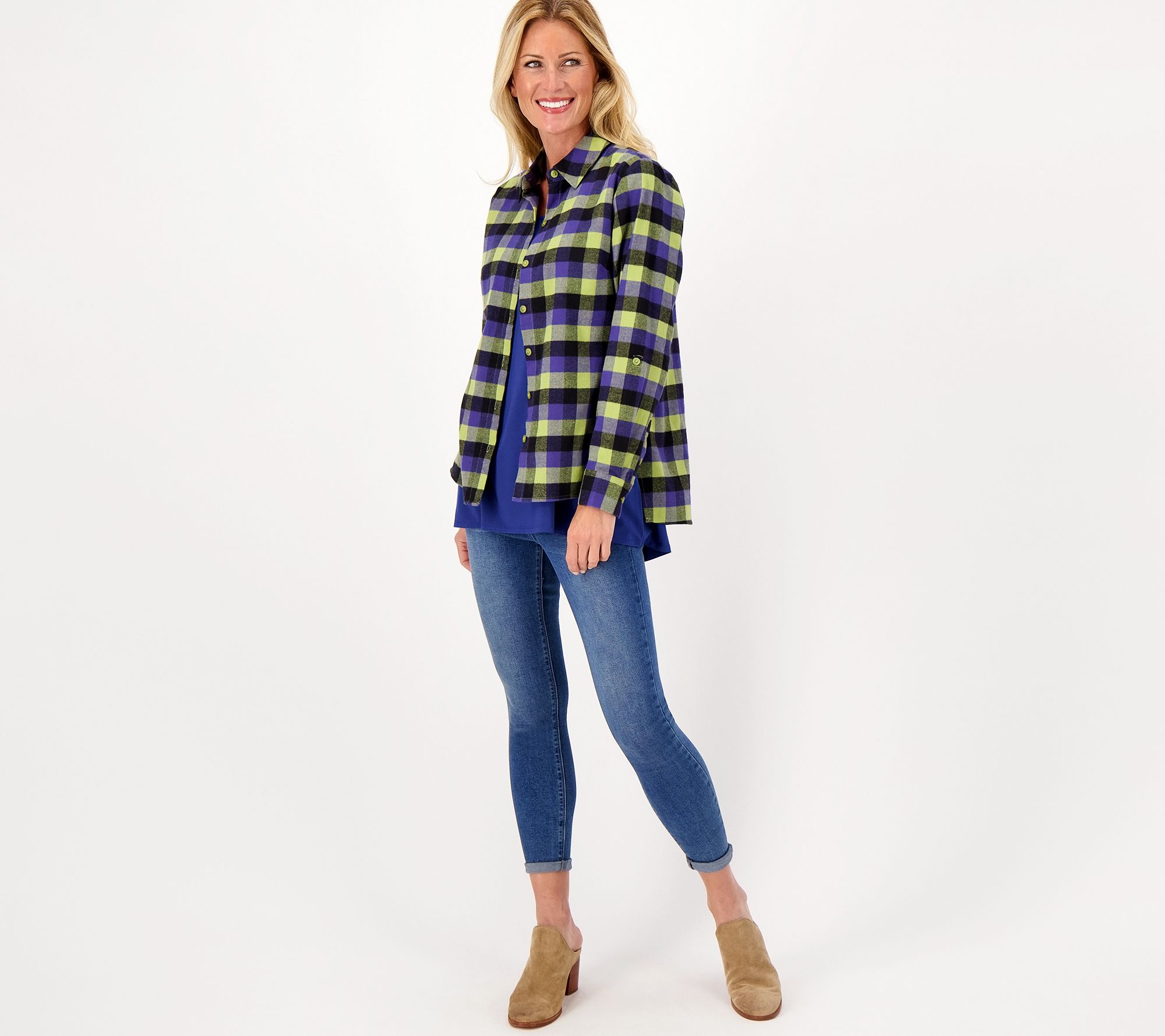 "As Is" Joan Rivers Cotton Tri-Color Buffalo Check Flannel Shirt - QVC.com