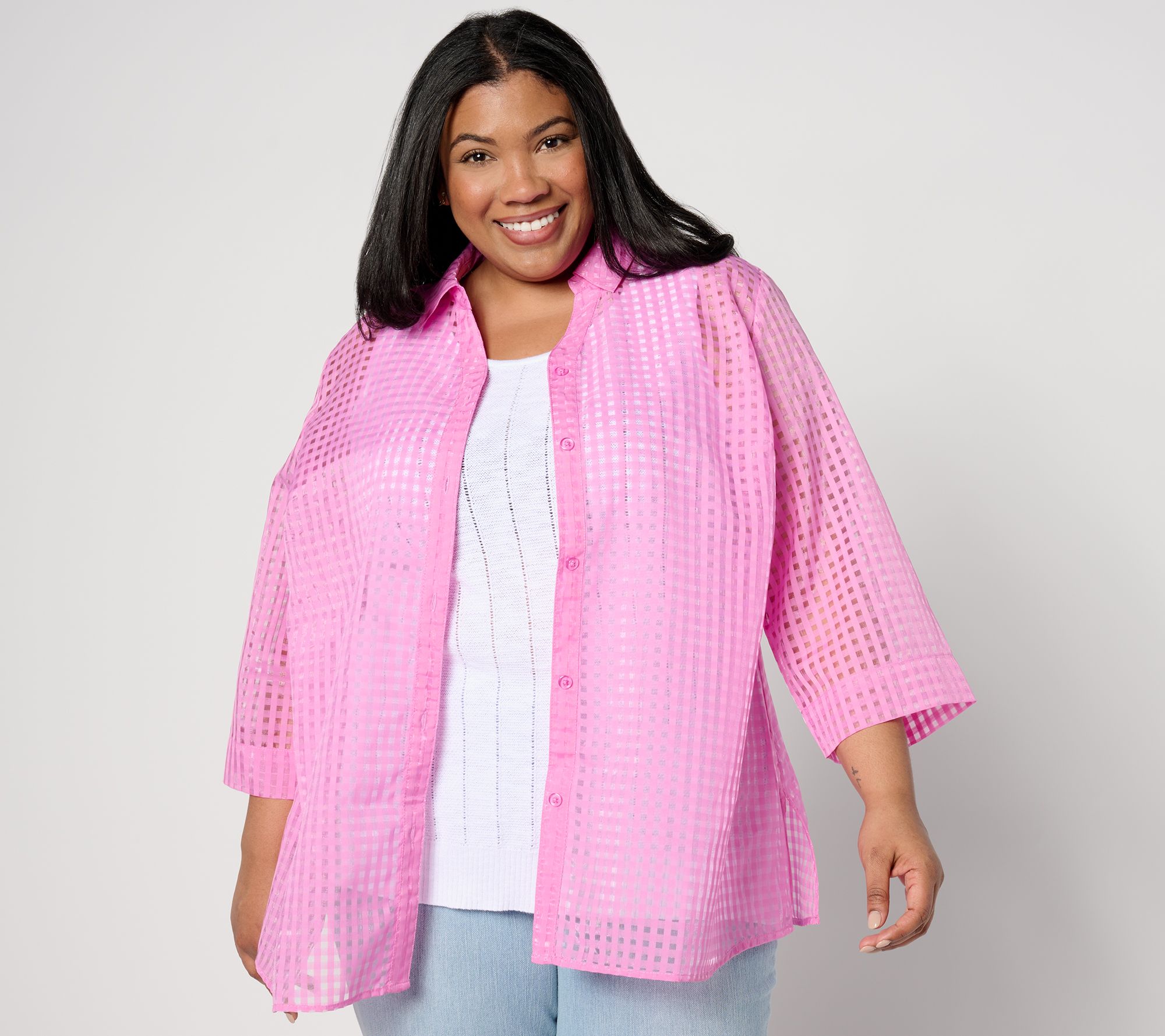 "As Is" Joan Rivers Red Carpet Regular Sheer Gingham Tunic Topper - QVC.com