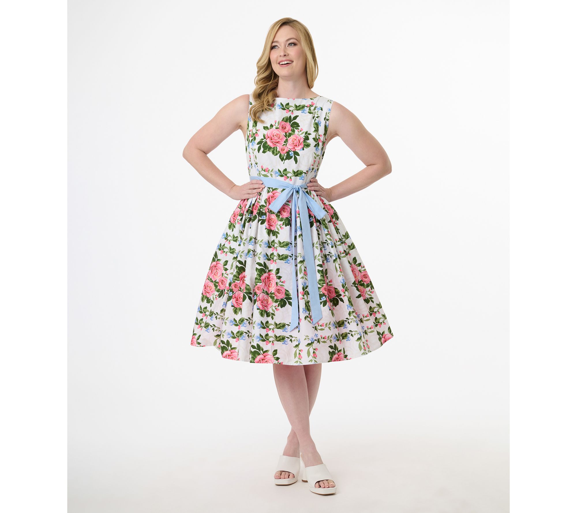 Unique Vintage 1950s White & Pink Rose Floral Dress - QVC.com