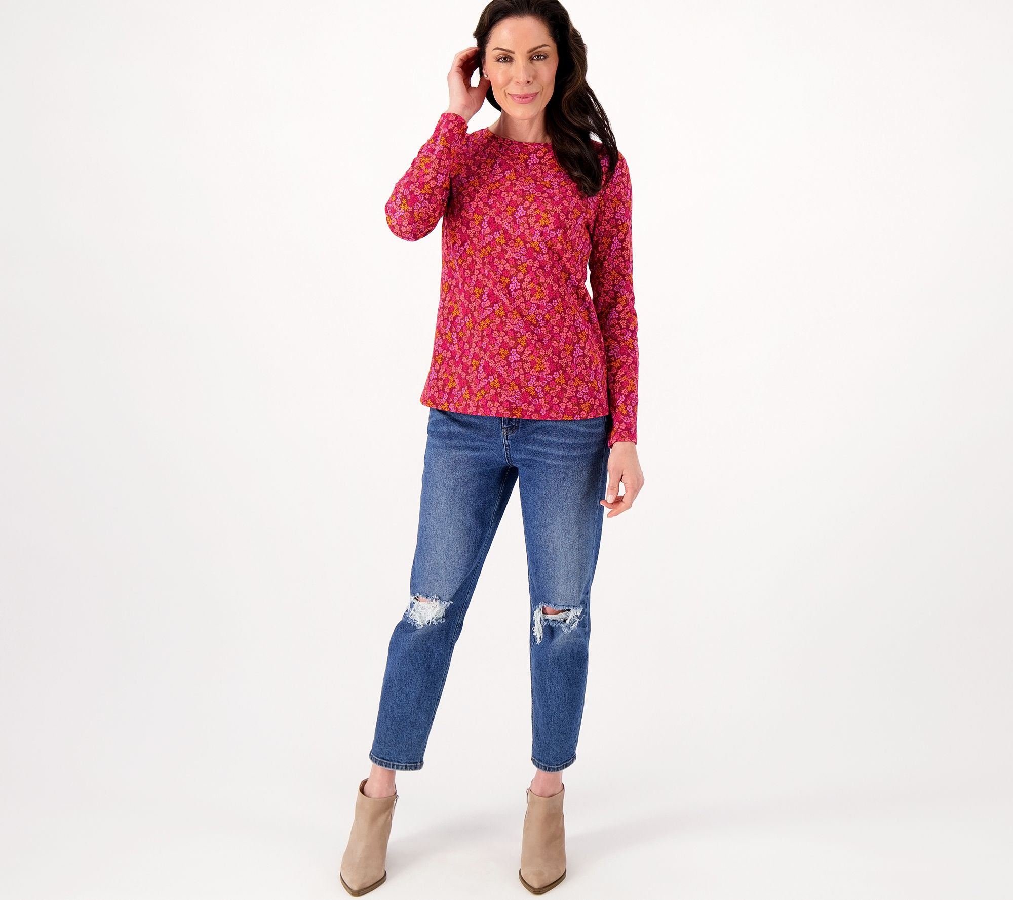 Isaac Mizrahi Live! Printed Pima Cotton Crew Neck with Long Sleeves ...