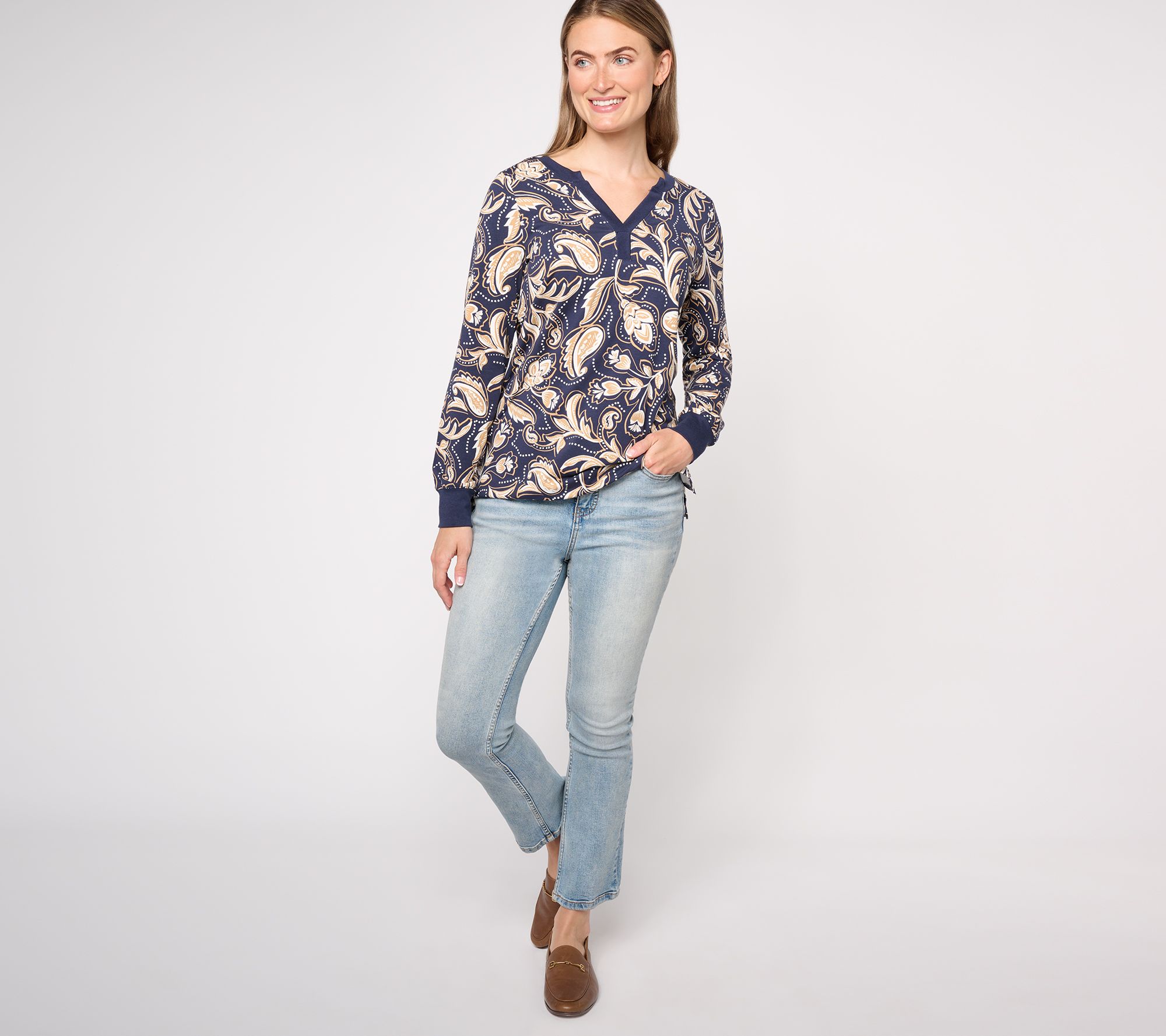 Belle by Kim Gravel TripleLuxe Knit Fall Paisley V-Neck Top - QVC.com
