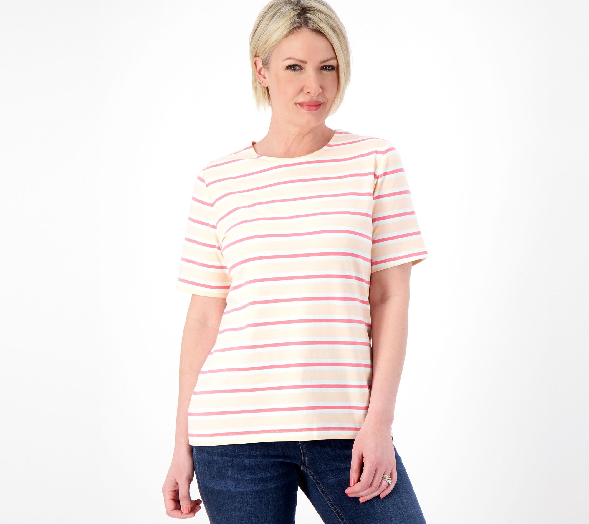 "As Is" Denim & Co. Striped Perfect Jersey Crew Neck Short Sleeve Top ...