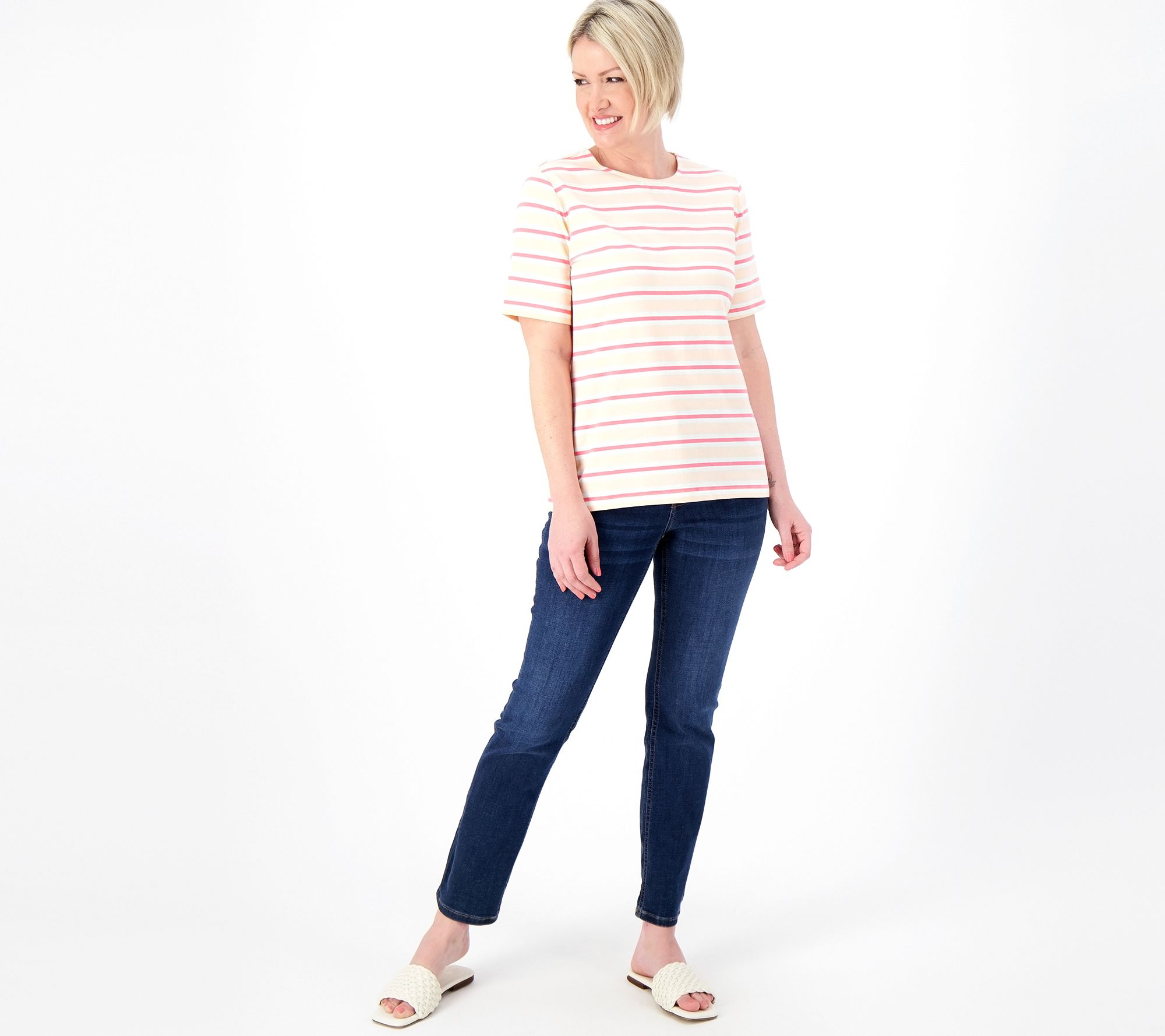 "As Is" Denim & Co. Striped Perfect Jersey Crew Neck Short Sleeve Top ...