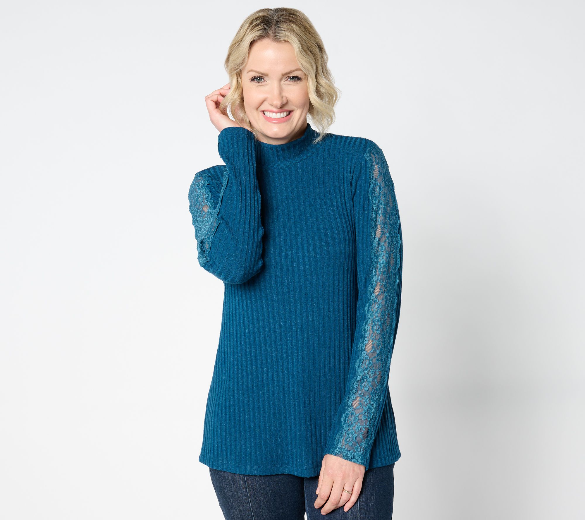 Susan Graver Rib Knit Mock Neck Top With Lace Detail