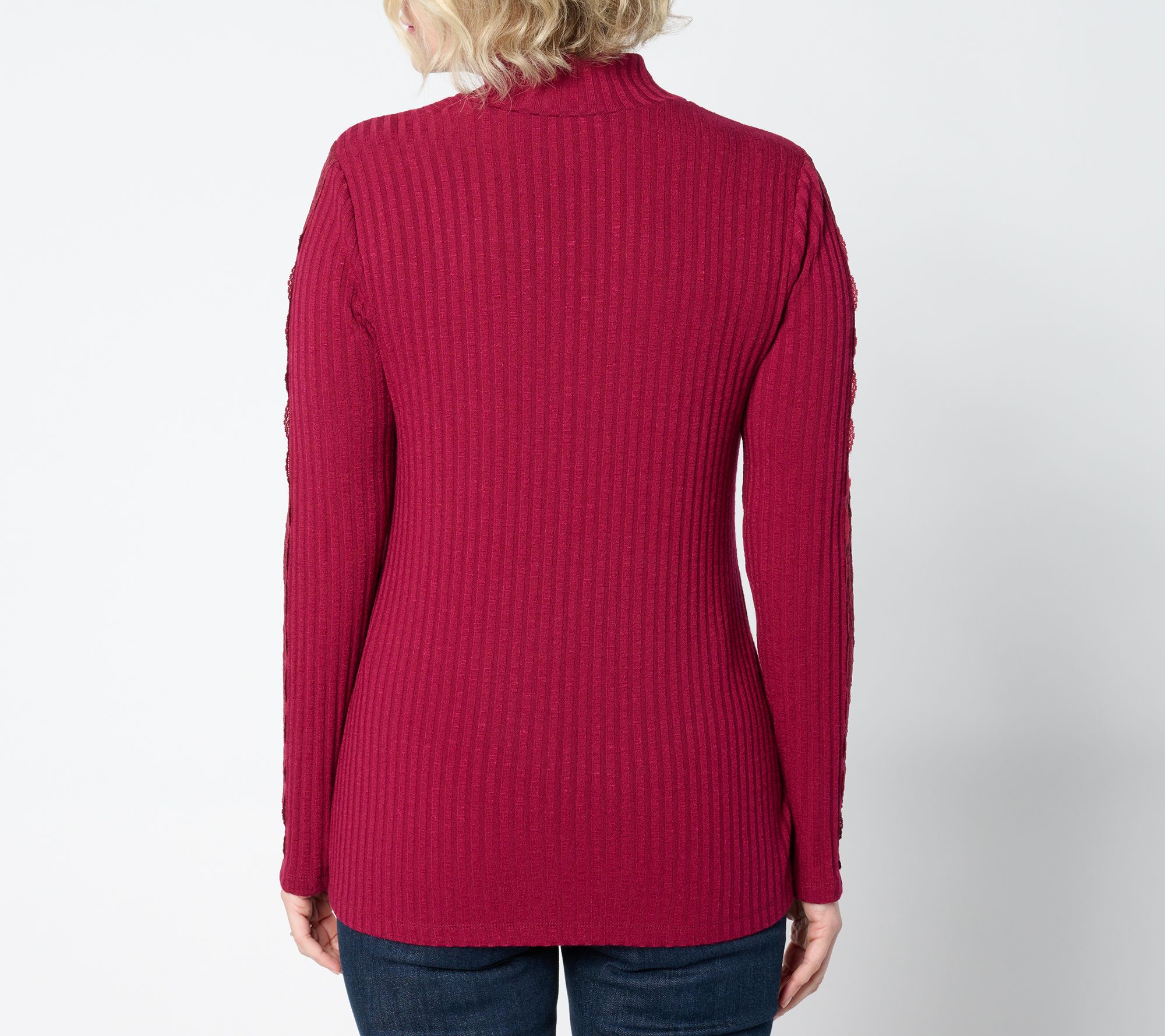 Susan Graver Rib Knit Mock Neck Top With Lace Detail