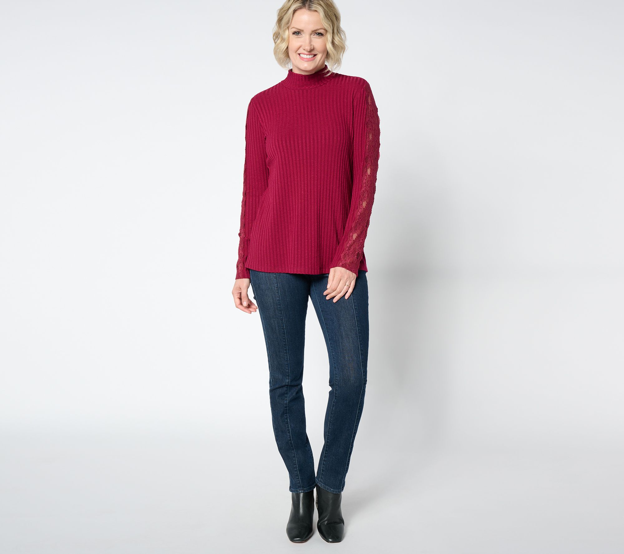Susan Graver Rib Knit Mock Neck Top With Lace Detail