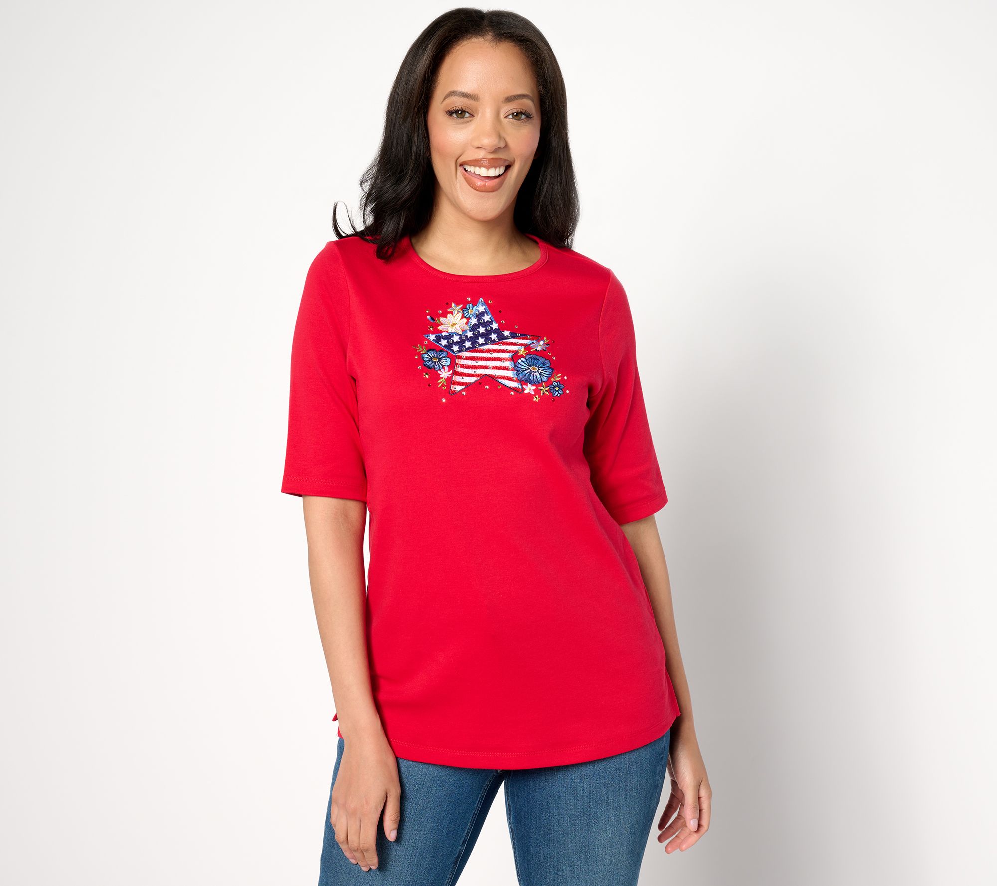 "As Is" Quacker Factory Red White and Blessed Elbow Sleeve Top - QVC.com