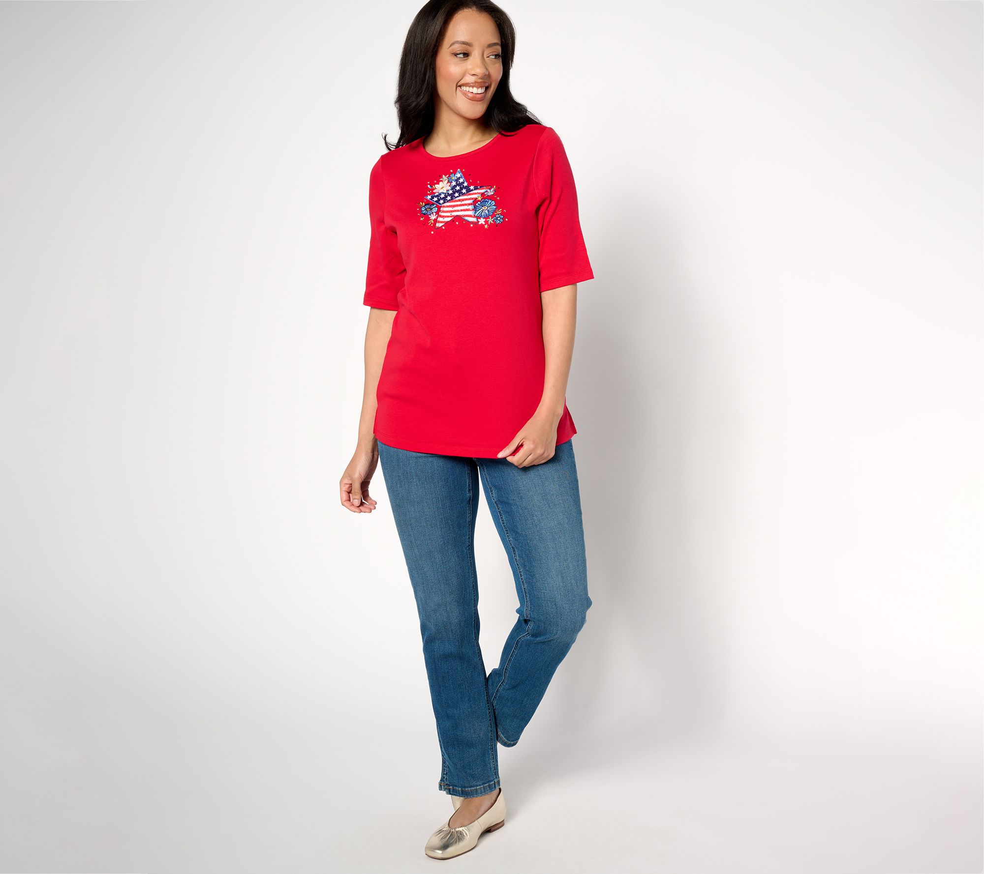 "As Is" Quacker Factory Red White and Blessed Elbow Sleeve Top - QVC.com