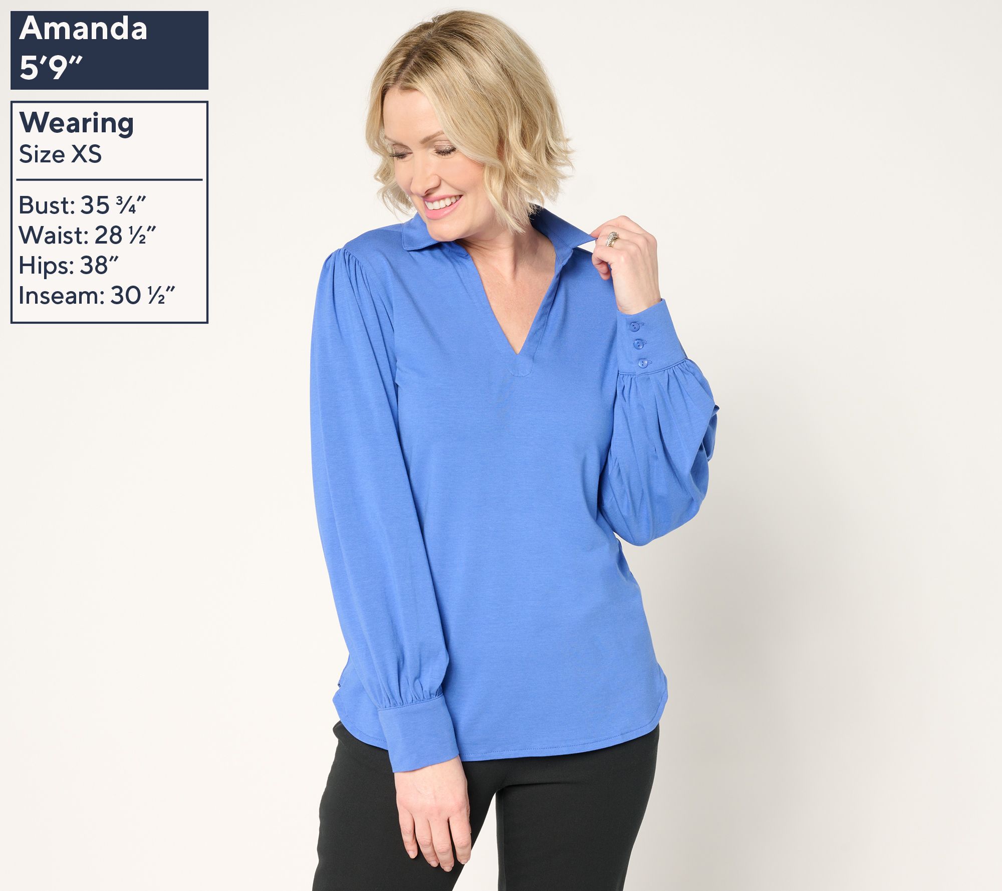 by Stacy London Blouson Sleeve Knit Top with Collar - QVC.com