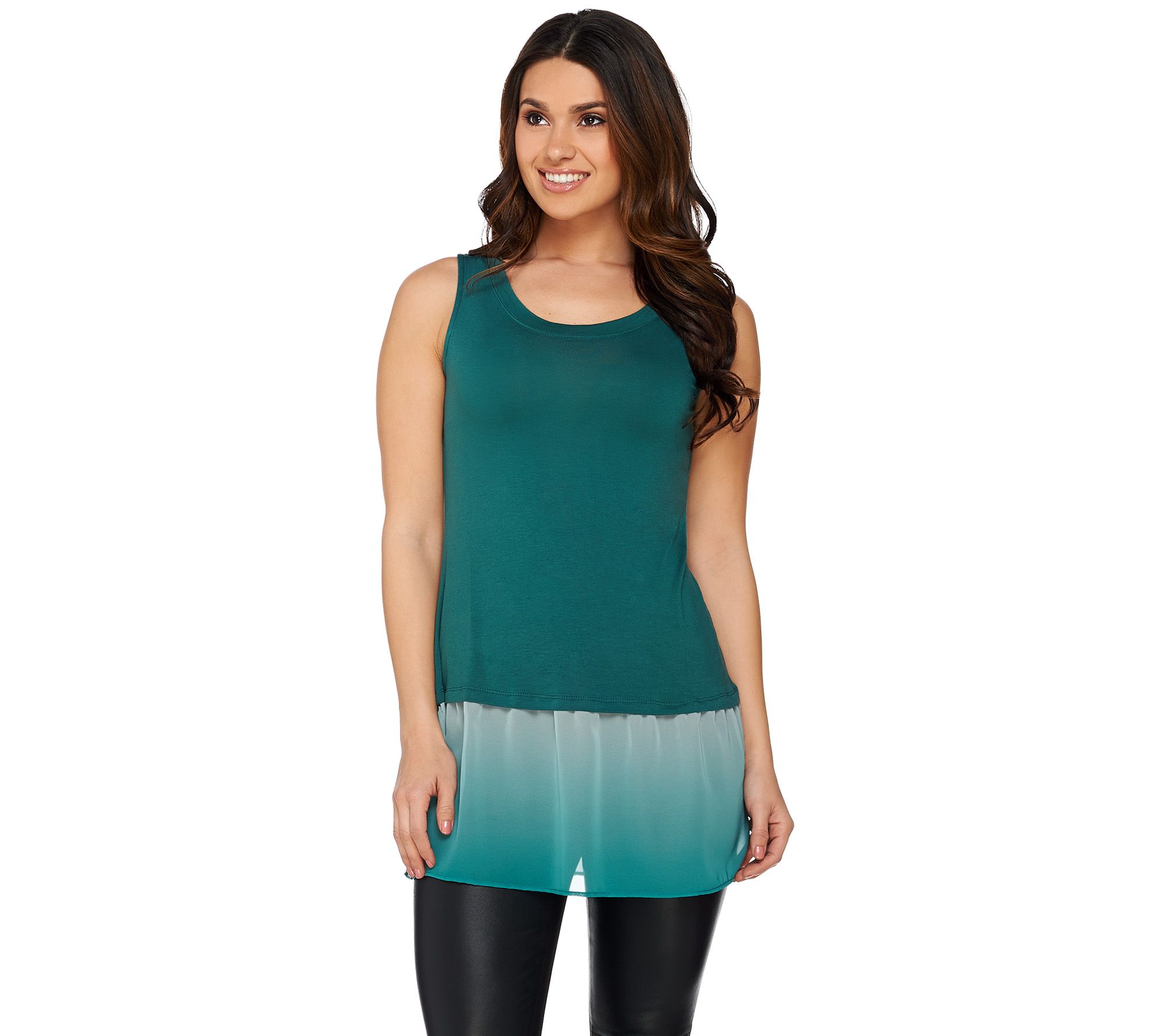 LOGO by Lori Goldstein Knit Tank with Ombre Chiffon Trim - QVC.com