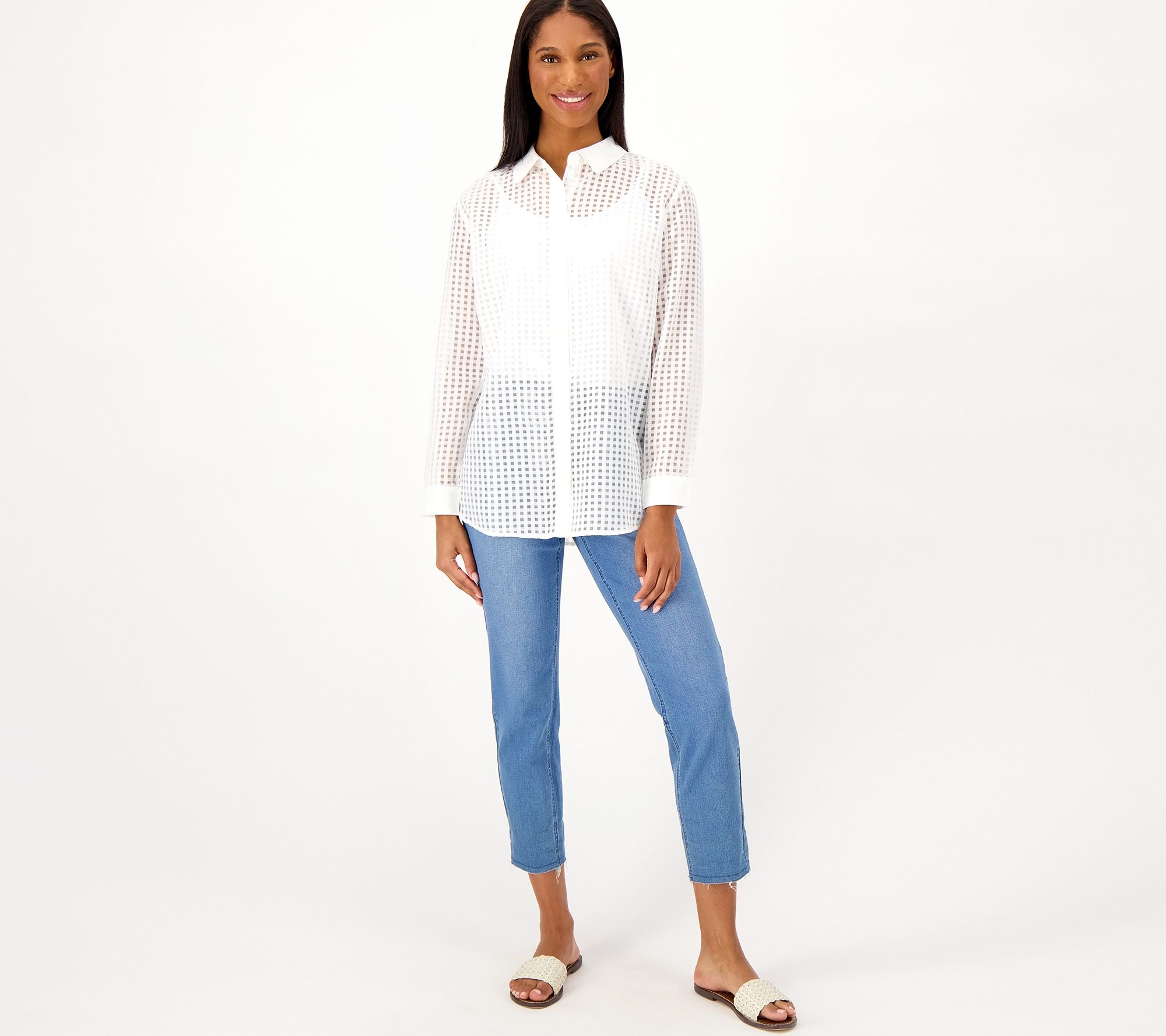 "As Is" Girl With Curves Tonal Gingham Button Front Shirt - QVC.com