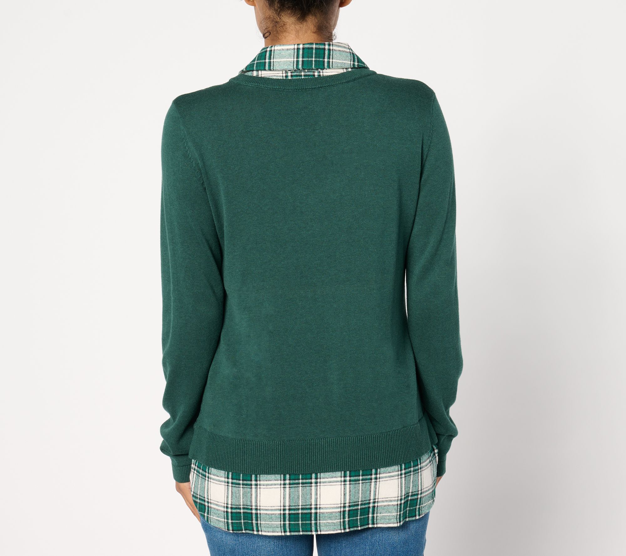 "As Is" Joan Rivers V-Neck Mixed Media 2Fer Sweater w/ Tartan Flannel ...