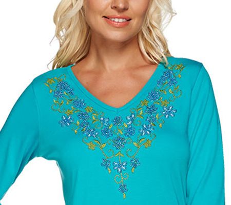 "As Is" Quacker Factory Beaded Garden 3/4 Sleeve T-shirt - QVC.com