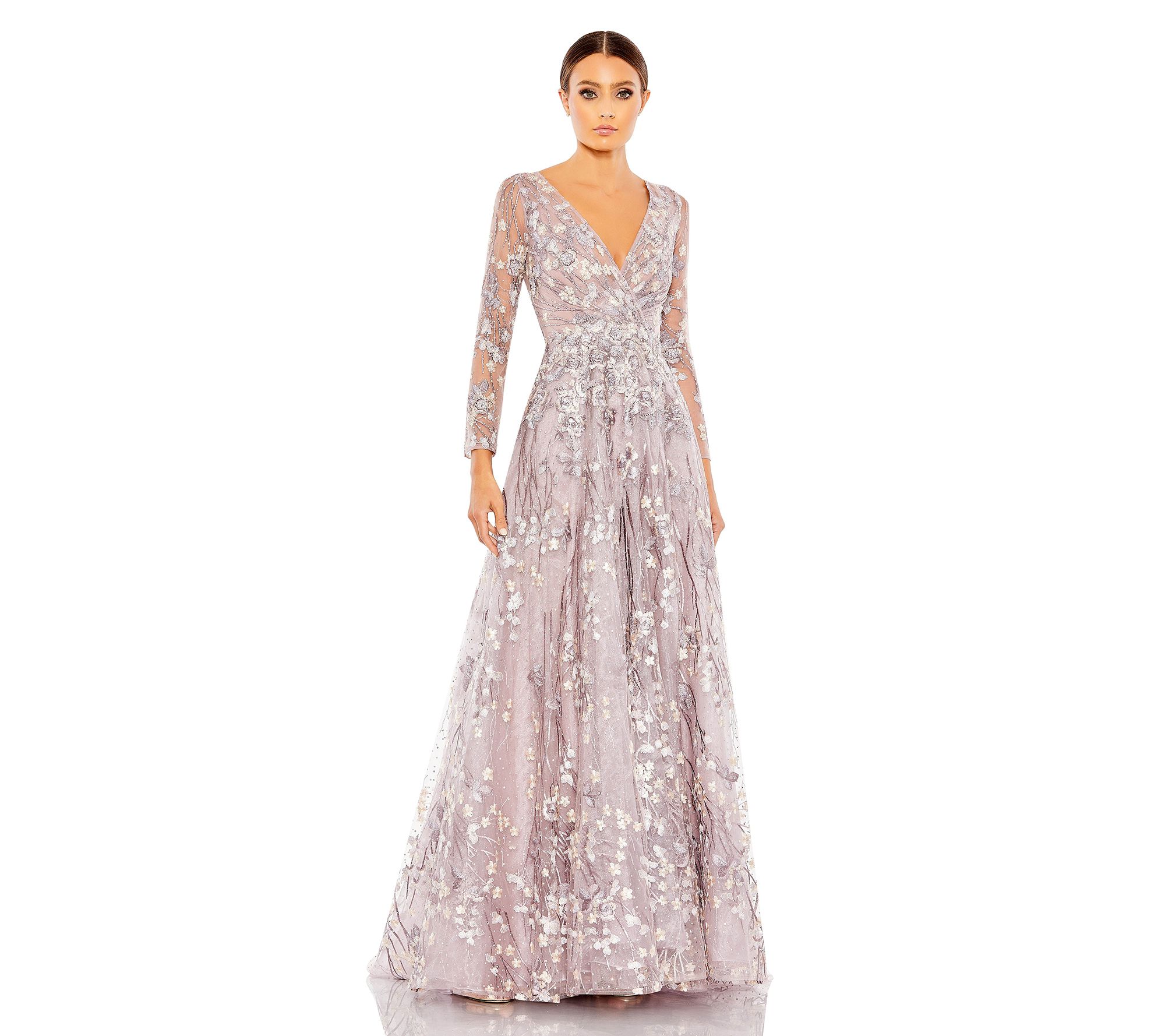 MacDuggal Lilac Embellished Wr ap Over Illusio n Long Sleeve A A-Line Gown - QVC.com