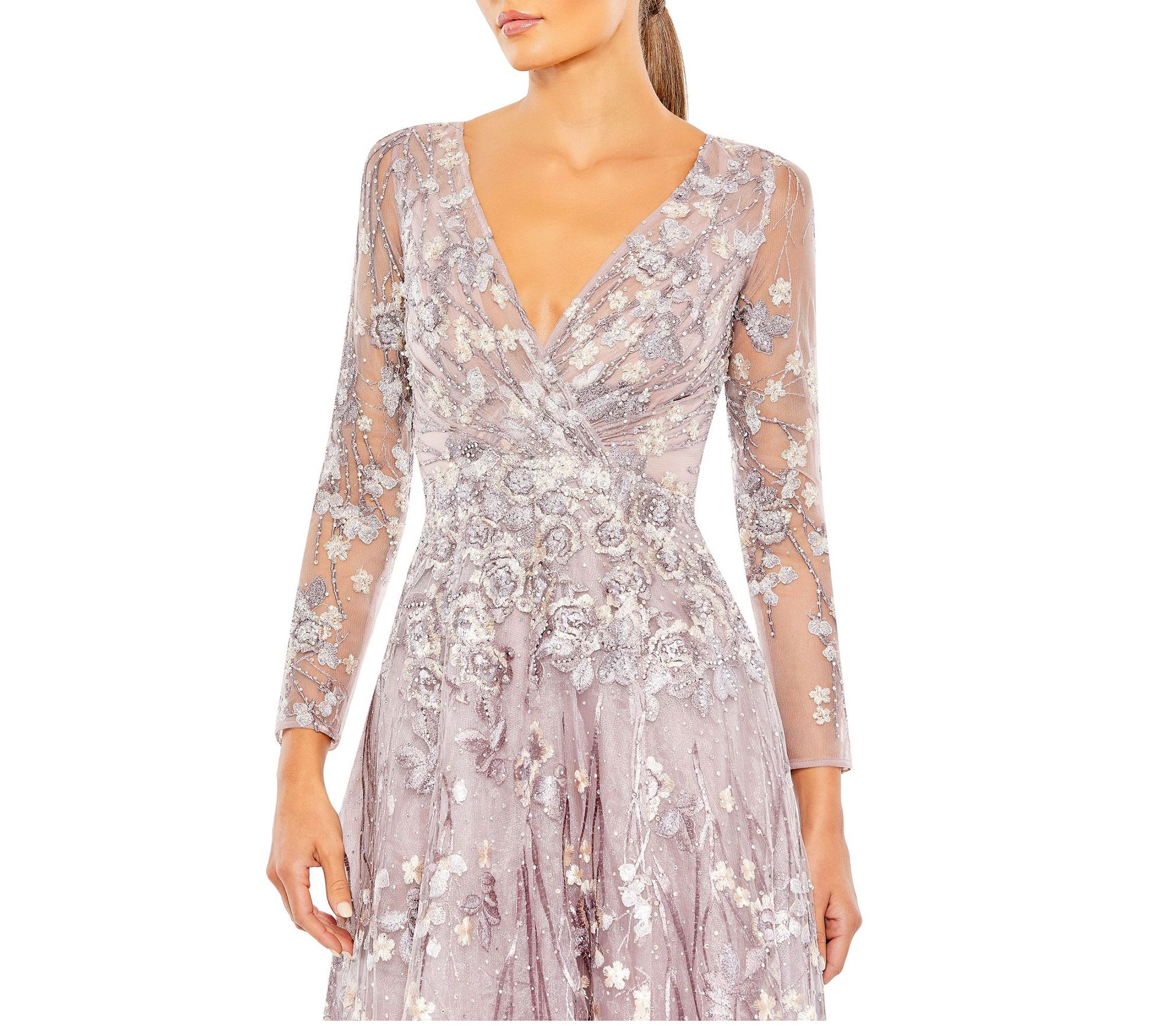 MacDuggal Lilac Embellished Wr ap Over Illusio n Long Sleeve A A-Line Gown - QVC.com