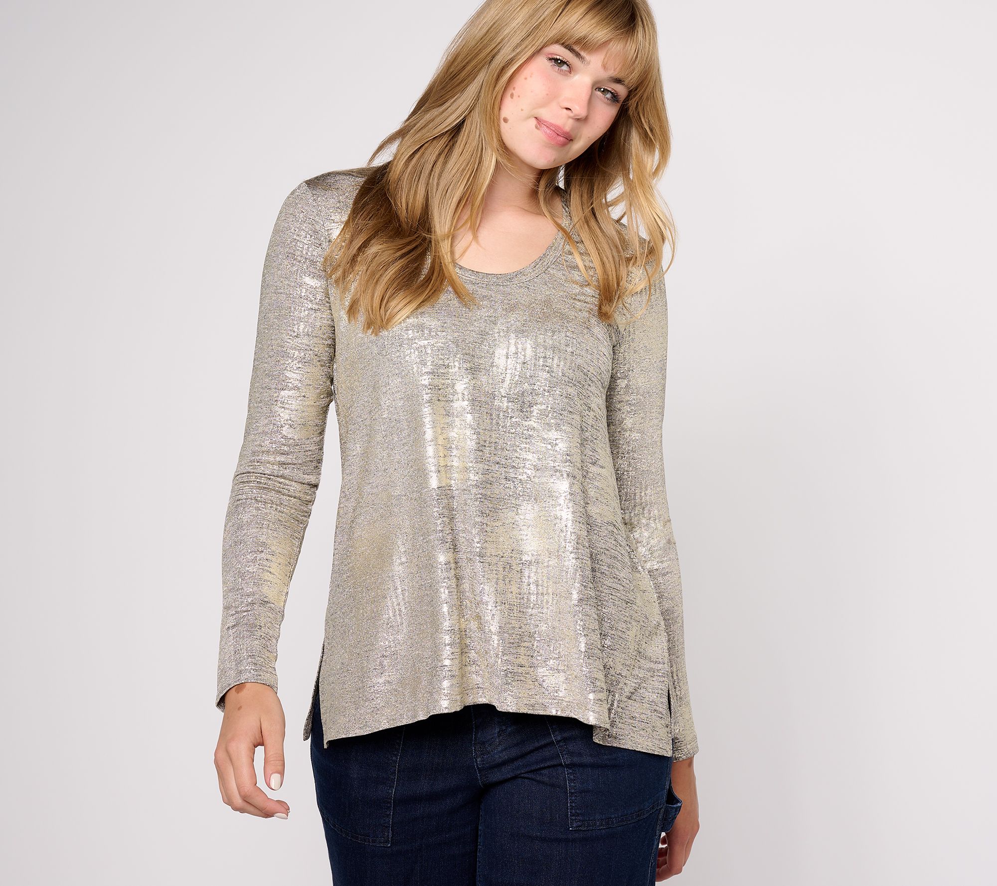 "As Is" Peace Love World Black Label Foil Knit Ashley Top - QVC.com