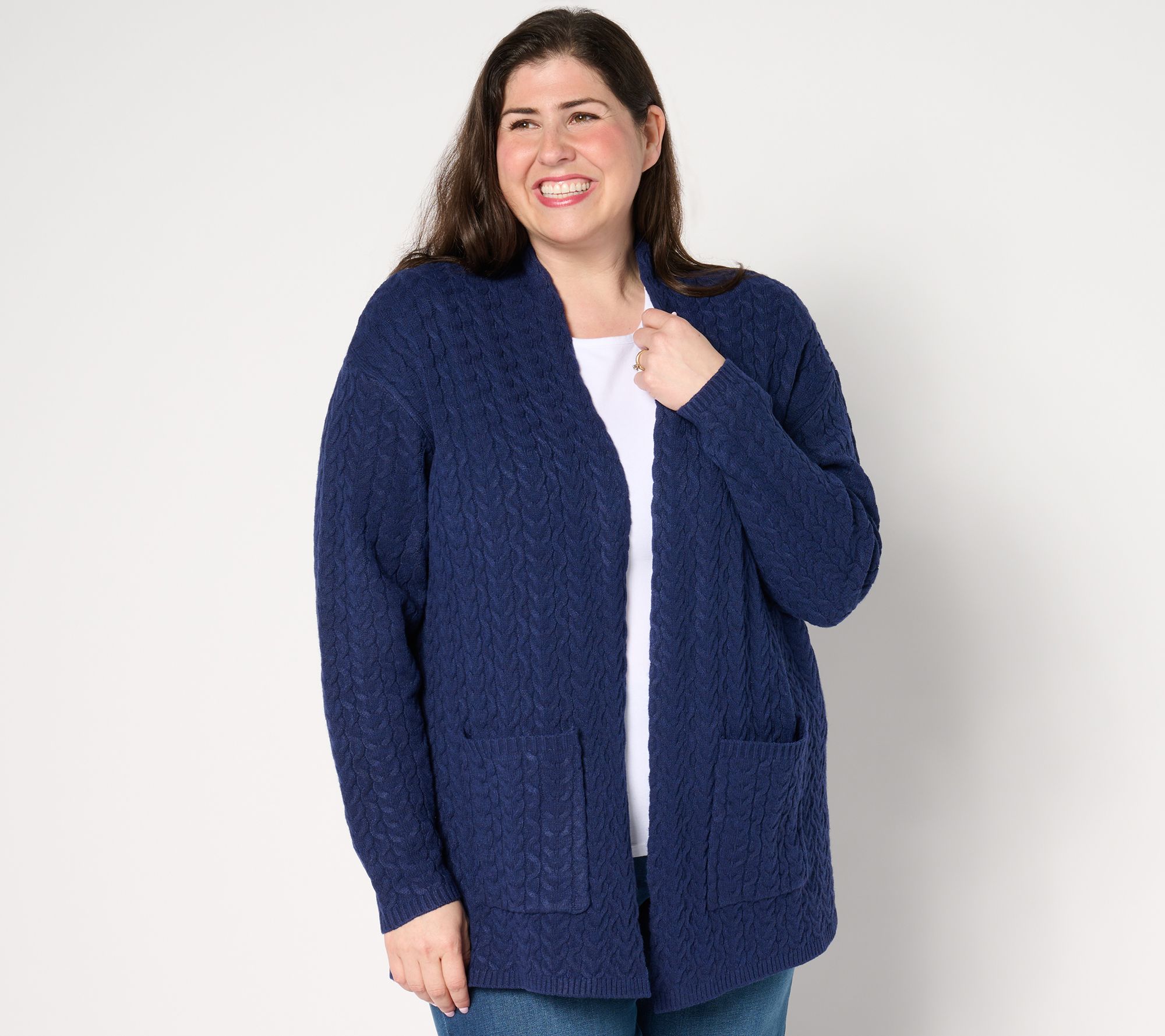 Denim & Co. Regular Cable Knit Tunic Cardigan with Pockets - QVC.com