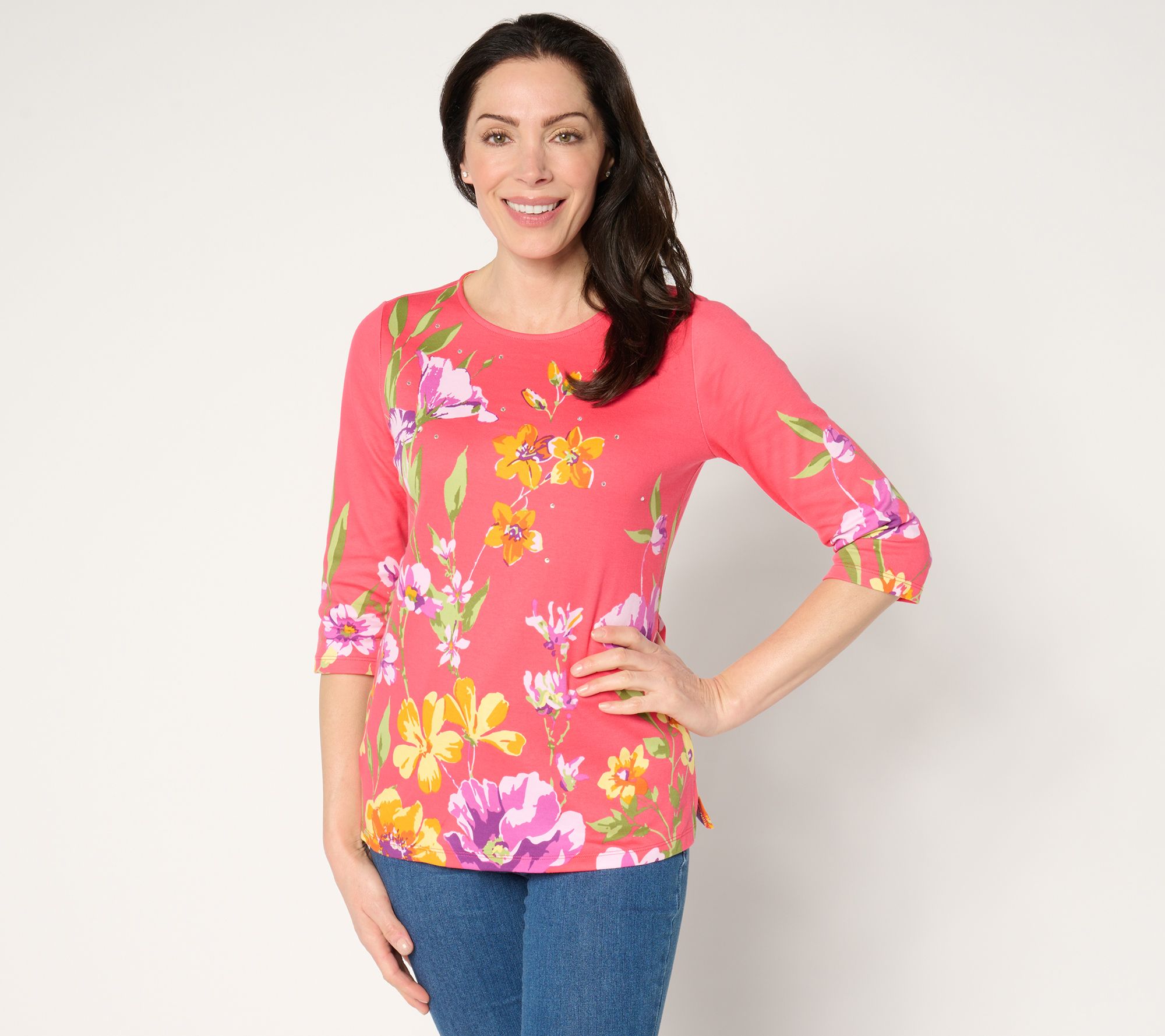 "As Is" Quacker Factory Wildflower Printed 3/4 Sleeve Top - QVC.com