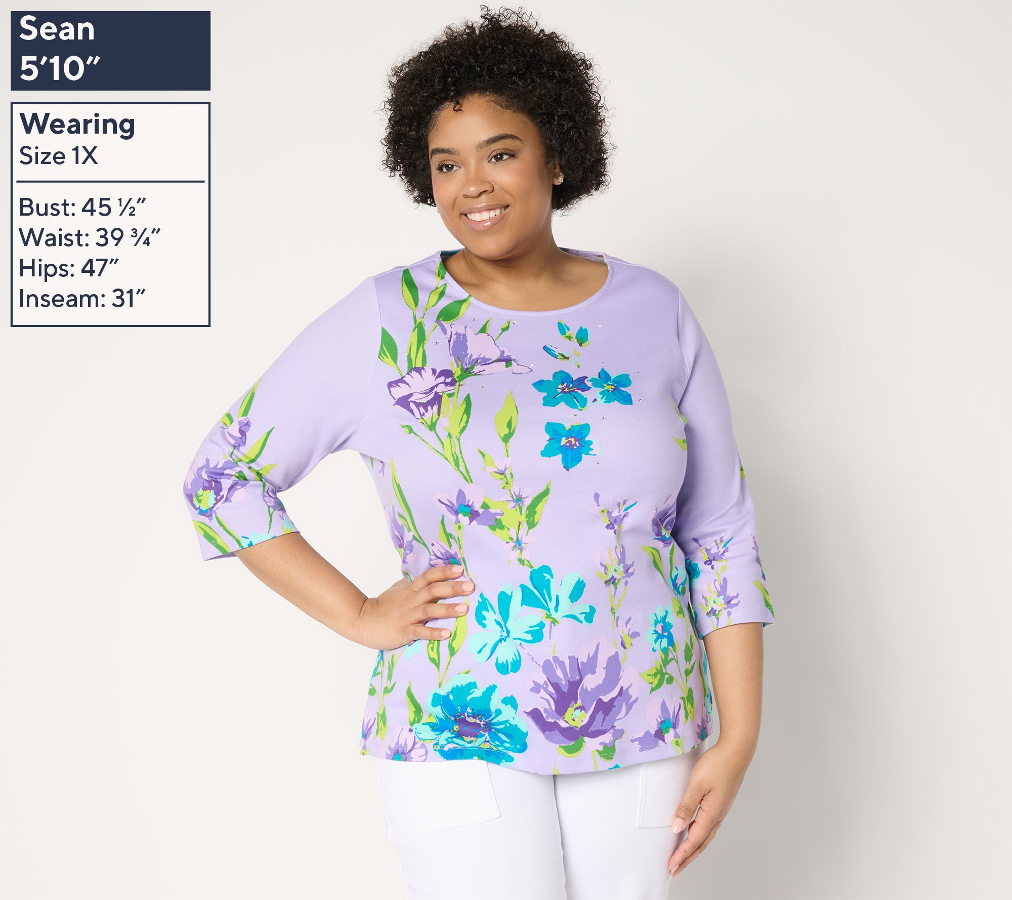 "As Is" Quacker Factory Wildflower Printed 3/4 Sleeve Top - QVC.com
