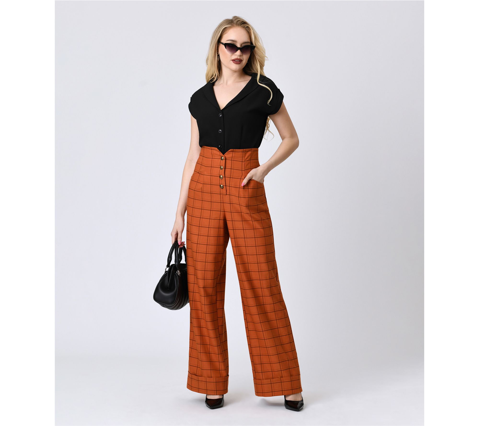 Unique Vintage Orange Windowpane Buttoned WideLeg Trousers - QVC.com