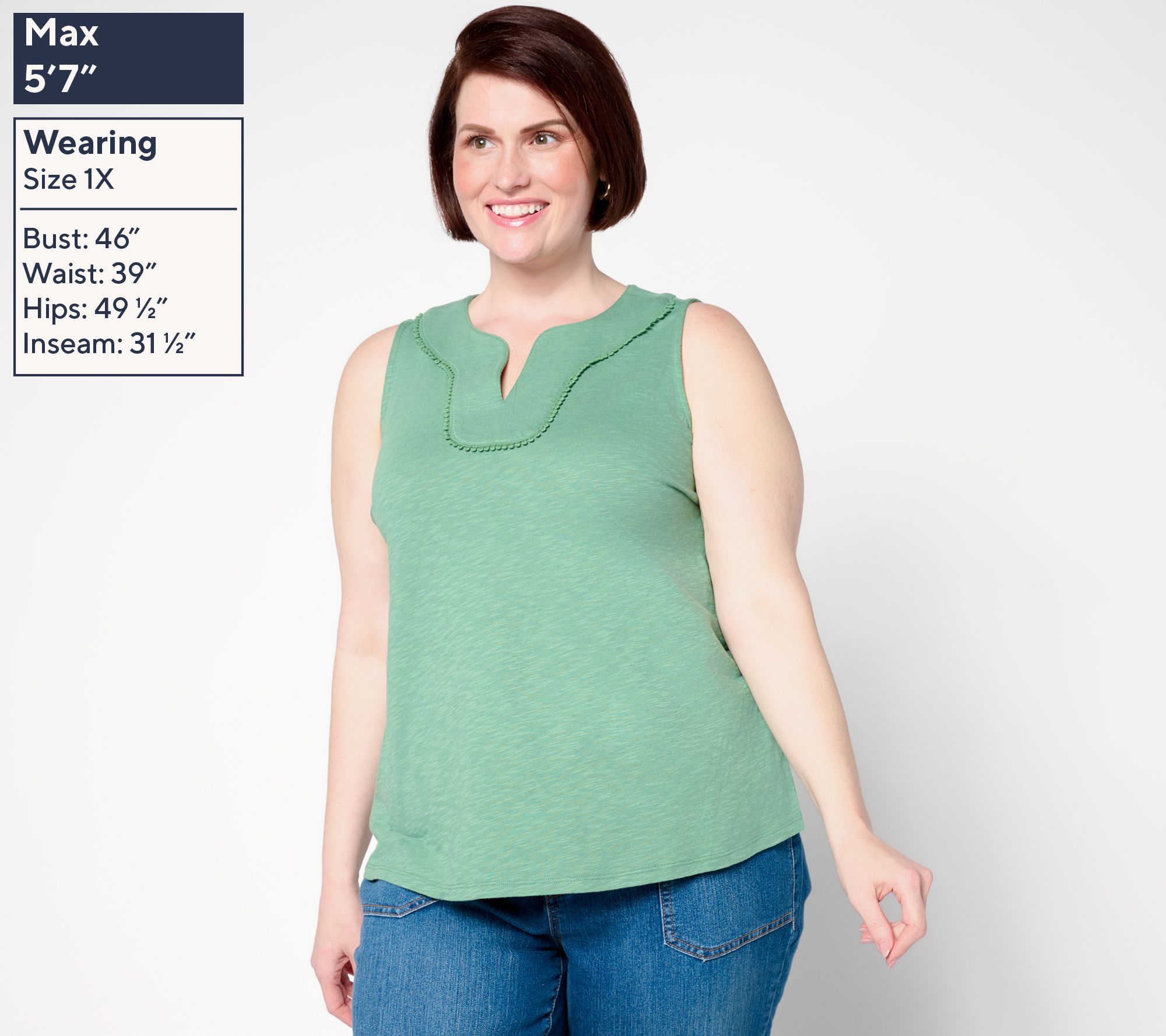 "As Is" Denim & Co. Linen Blend Split Neck Tank with Picot Trim - QVC.com