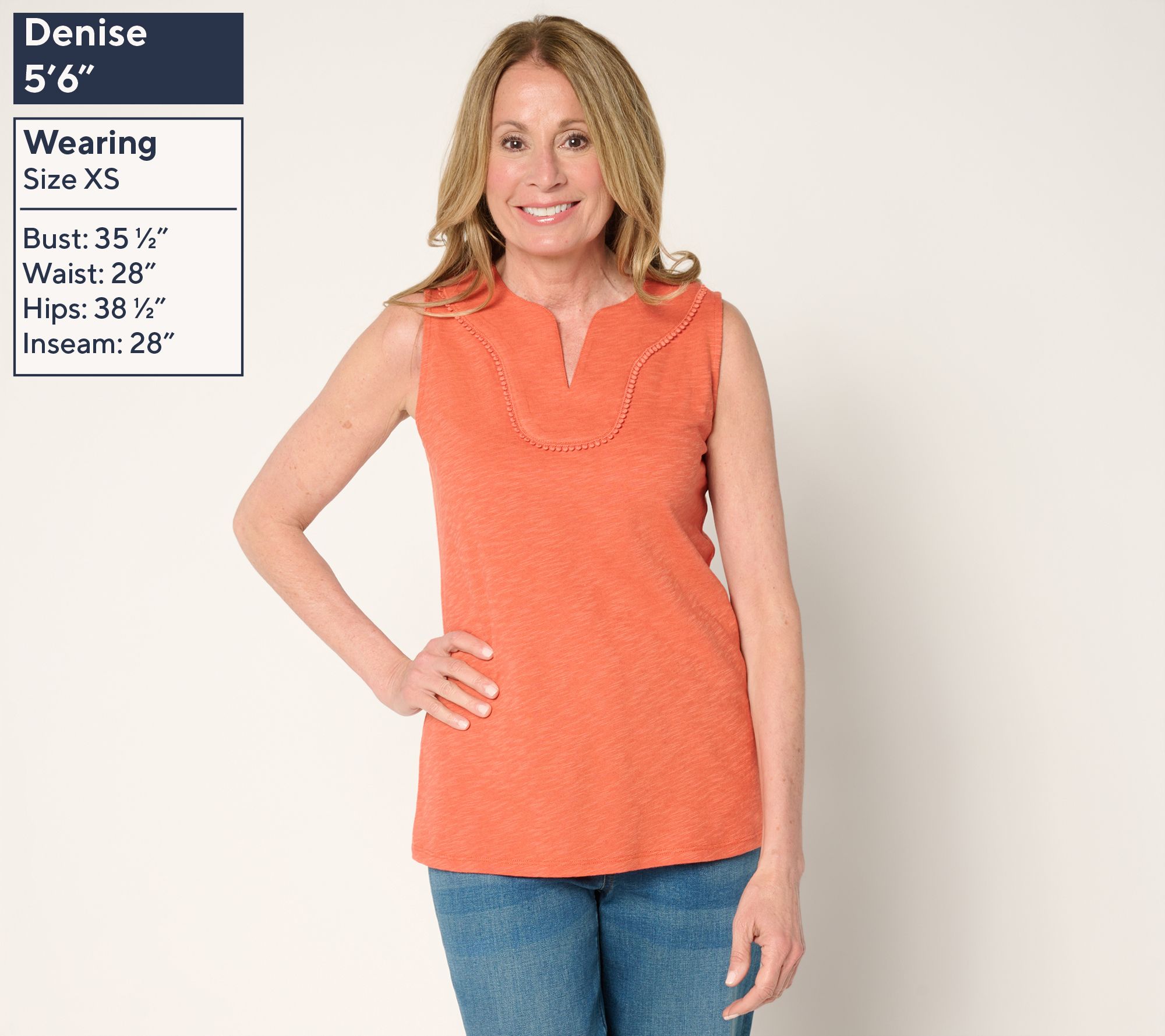 "As Is" Denim & Co. Linen Blend Split Neck Tank with Picot Trim - QVC.com