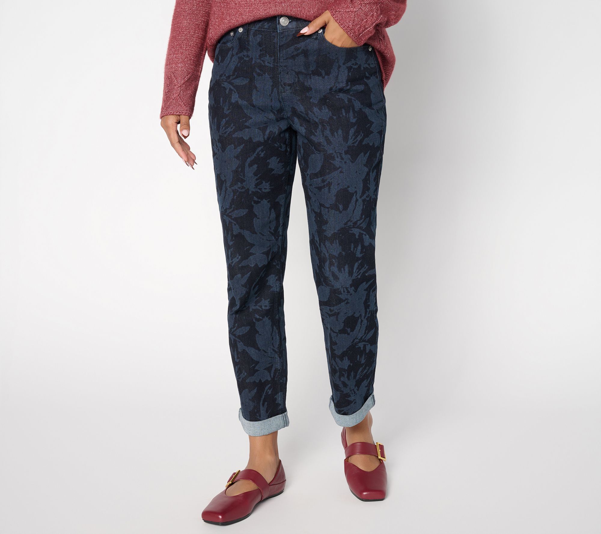 "As Is" LOGO by Lori Goldstein Pet Floral Boyfriend Jeans - QVC.com
