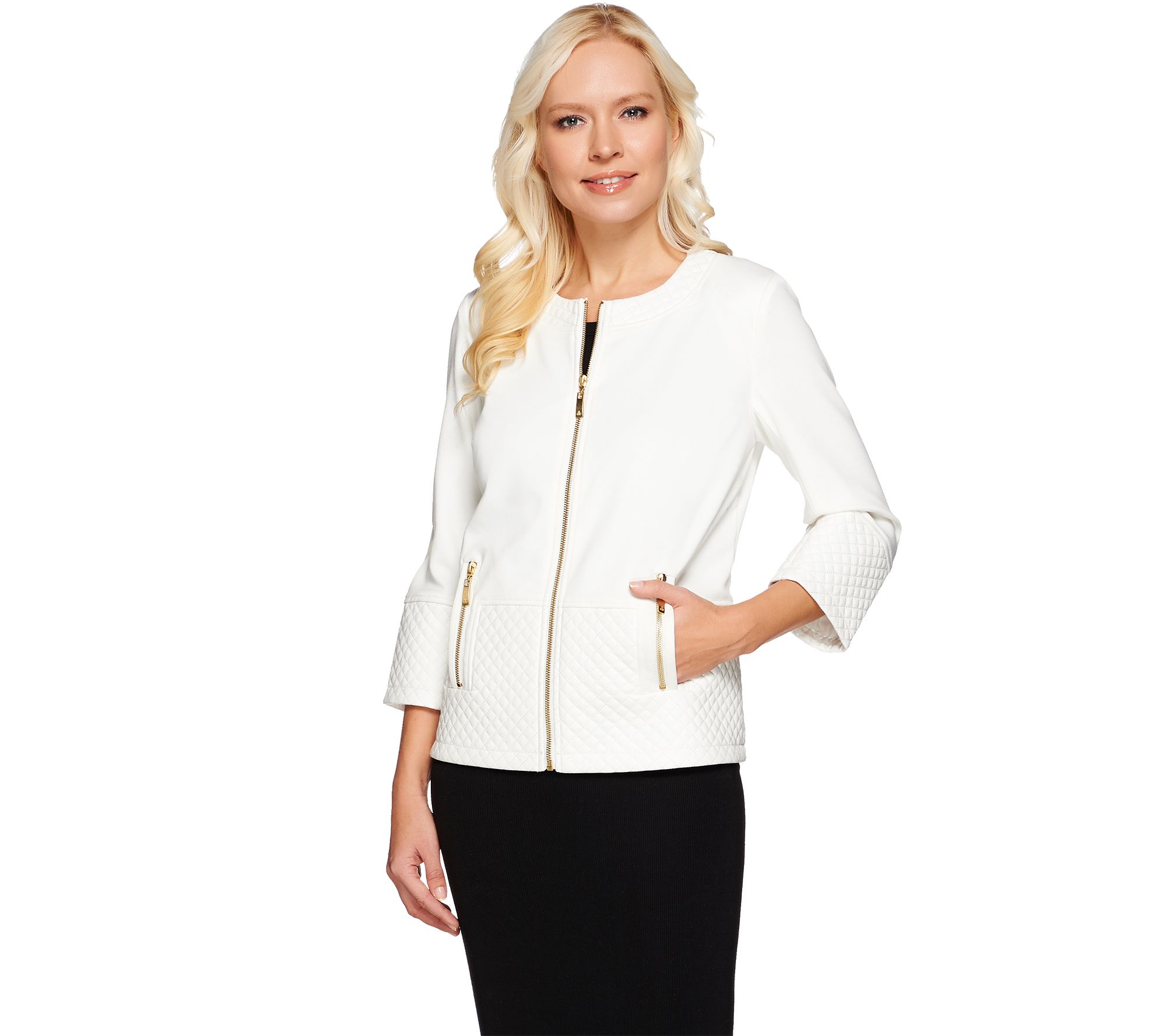 "As Is" Dennis Basso Ponte Cropped Jacket w/Quilted Faux Leather Trim ...