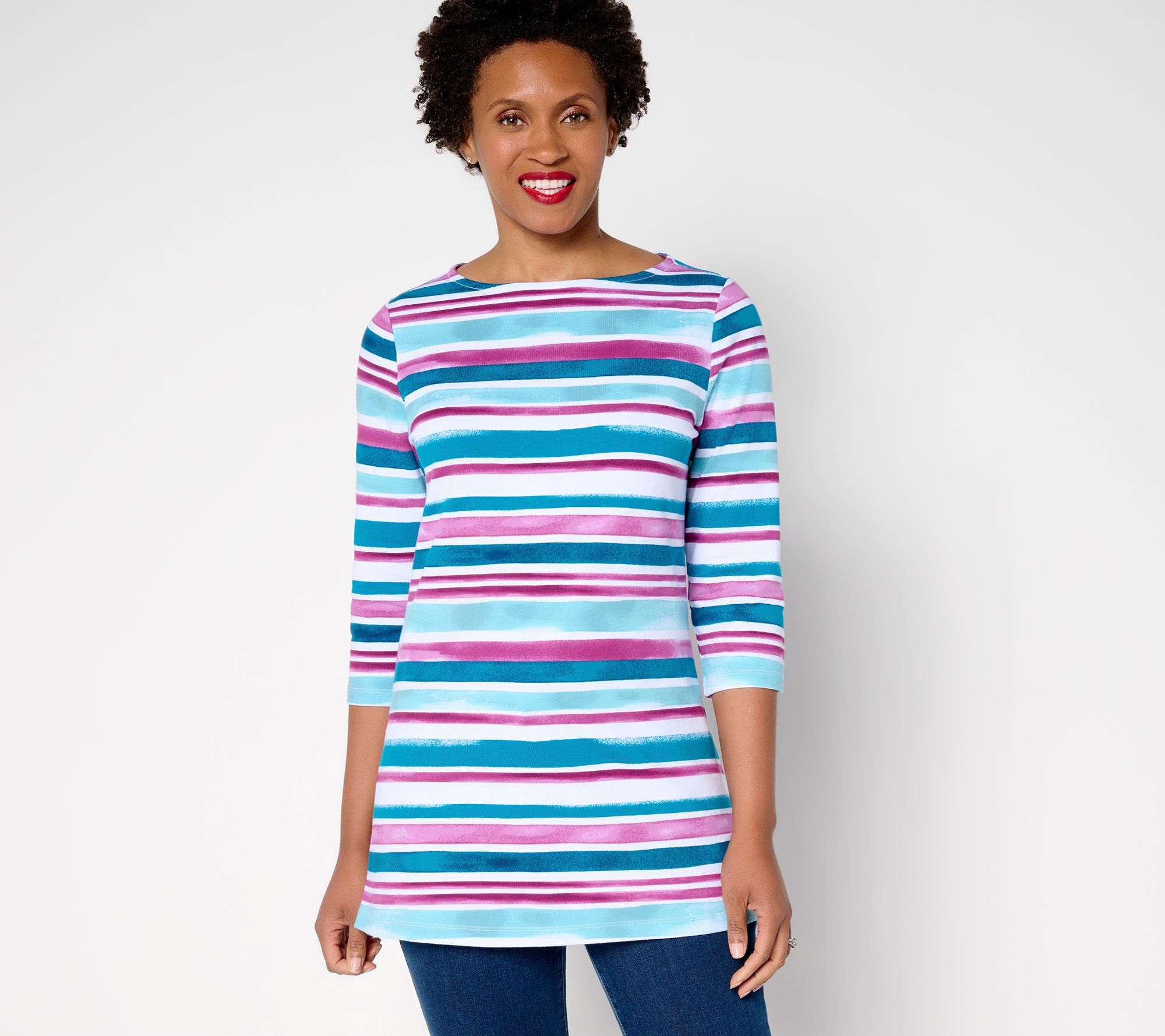 Denim & Co. Petite Perfect Jersey Watercolor Striped Tunic - QVC.com