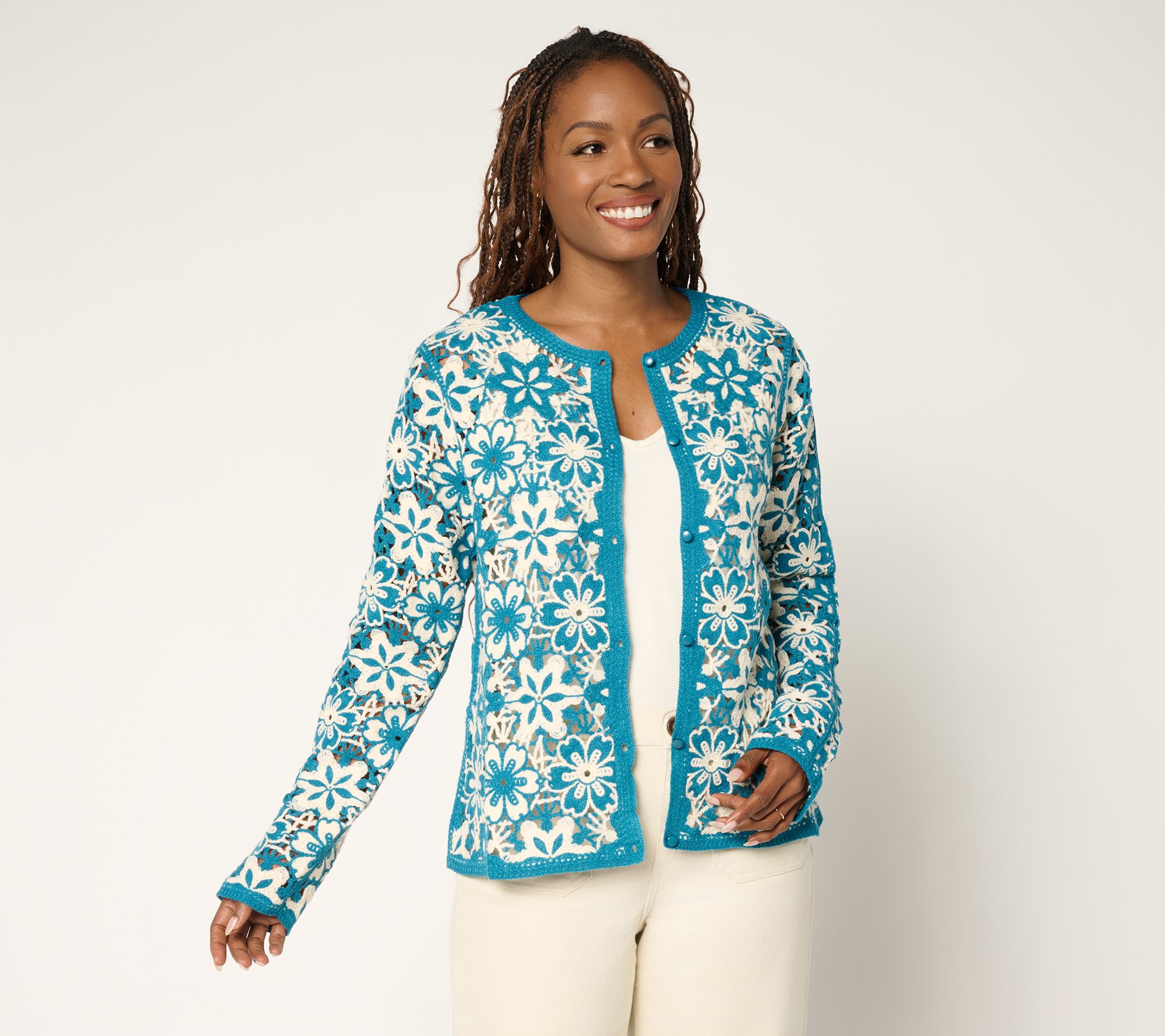 "As Is" GRAVER Susan Graver Two Tone Crochet Button Front Shrug - QVC.com