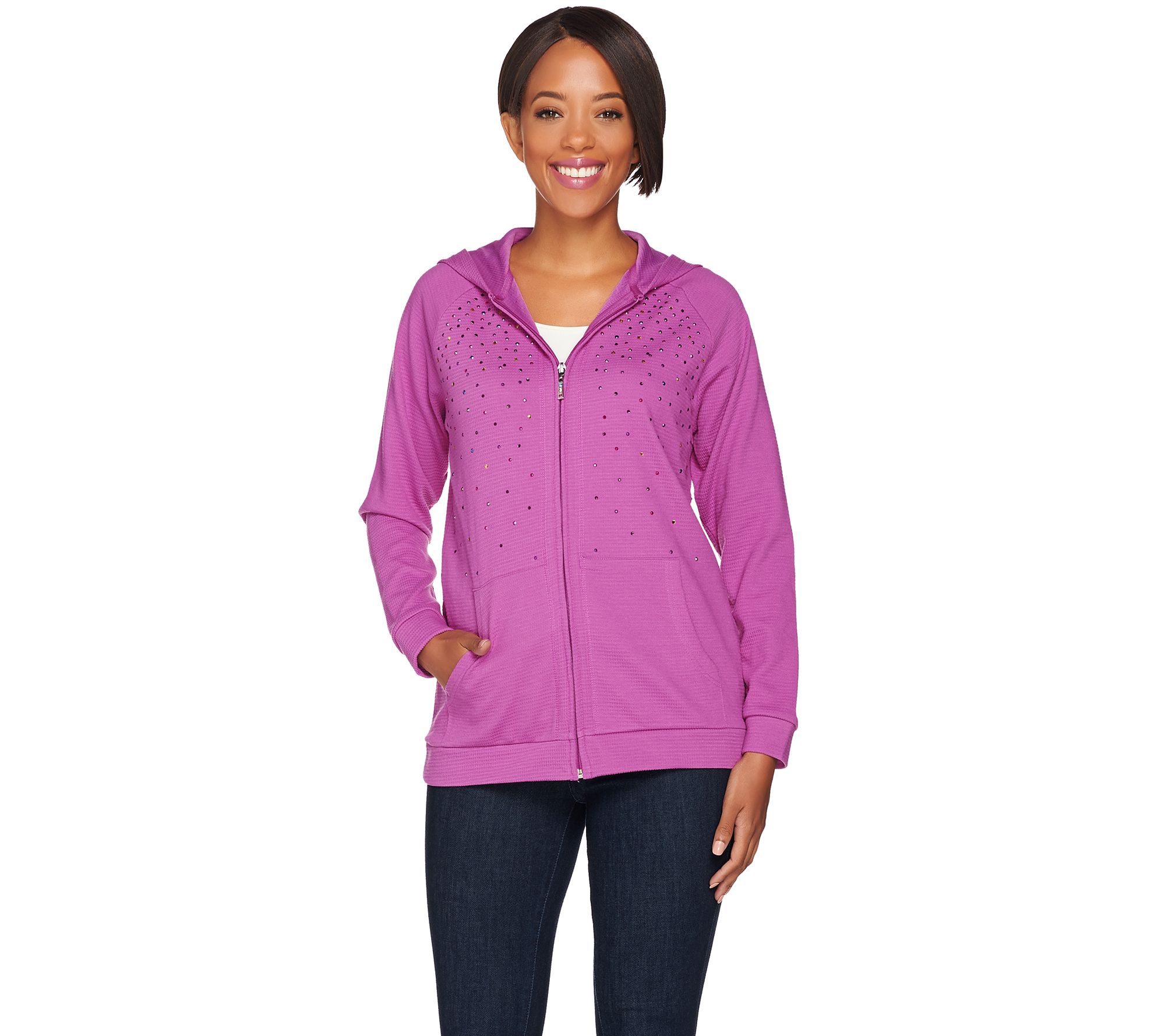 Quacker Factory Multi-Colored Rhinestone Waffle Knit Hoodie - QVC.com