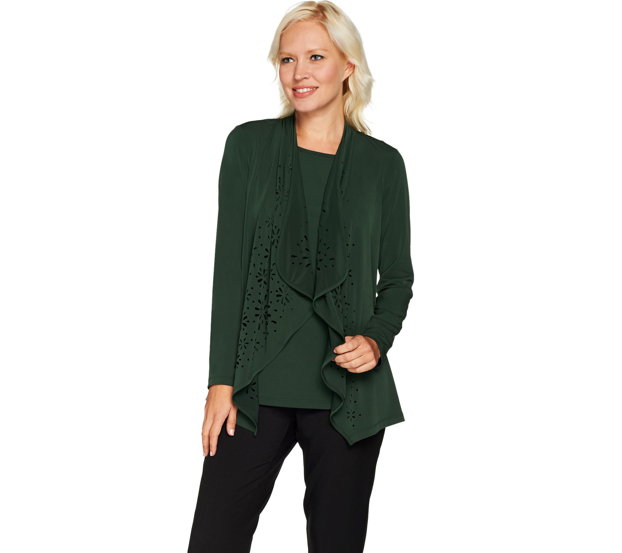 Susan Graver Liquid Knit Cardigan Set with Laser Cut Detail - QVC.com
