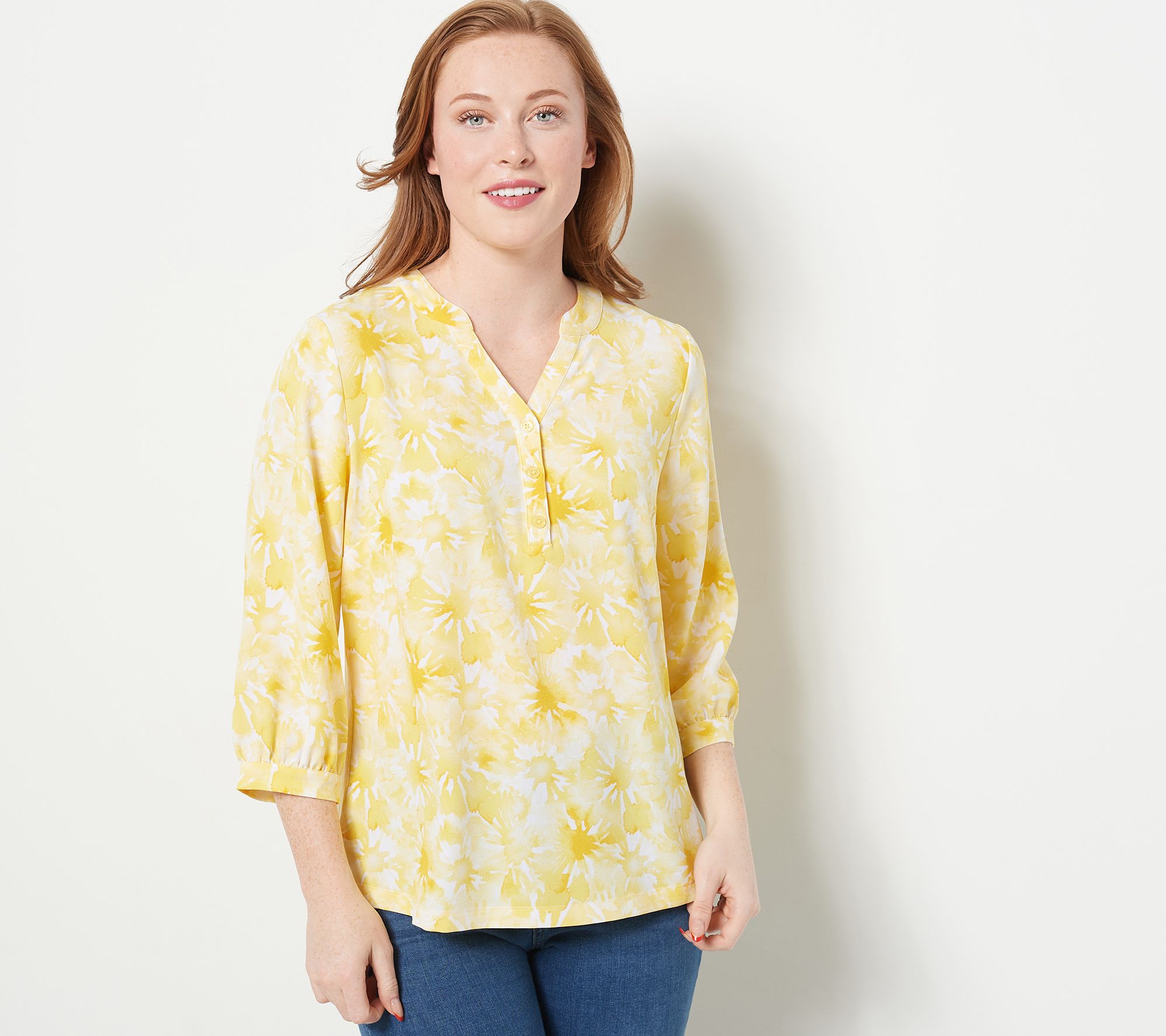 "As Is" Denim & Co. Printed Woven Y-Neck Blouse - QVC.com