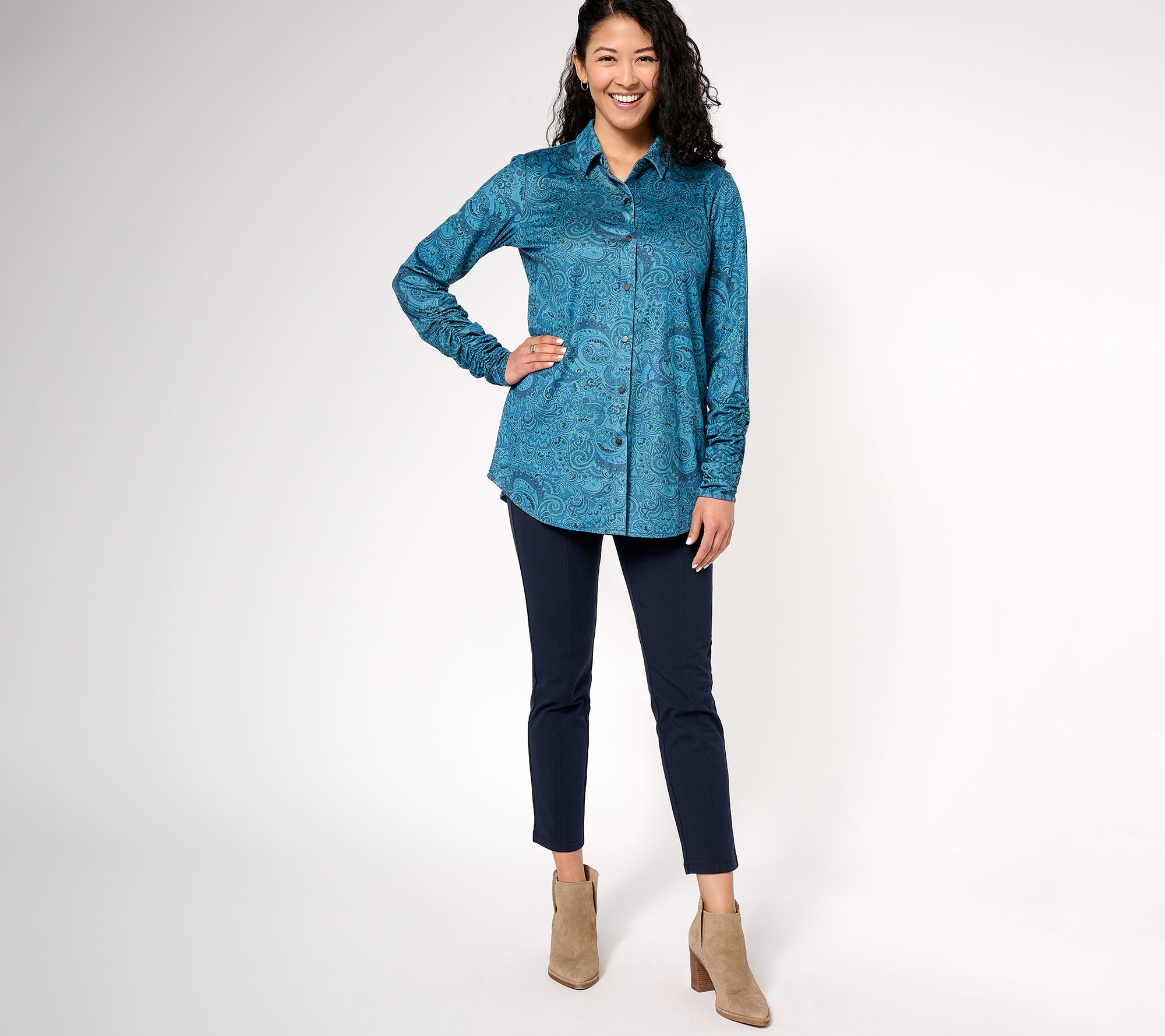 Susan Graver Petite Printed Faux Suede Knit Long-Sleeve Shirt - QVC.com