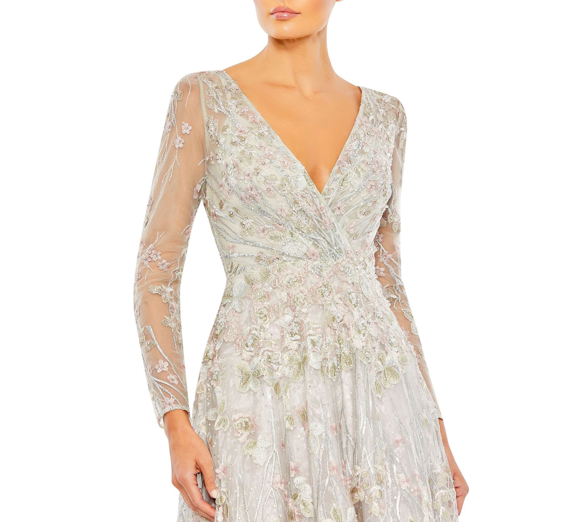 Mac Duggal Embellished Illusion Long Sleeve A-Line Gown - QVC.com