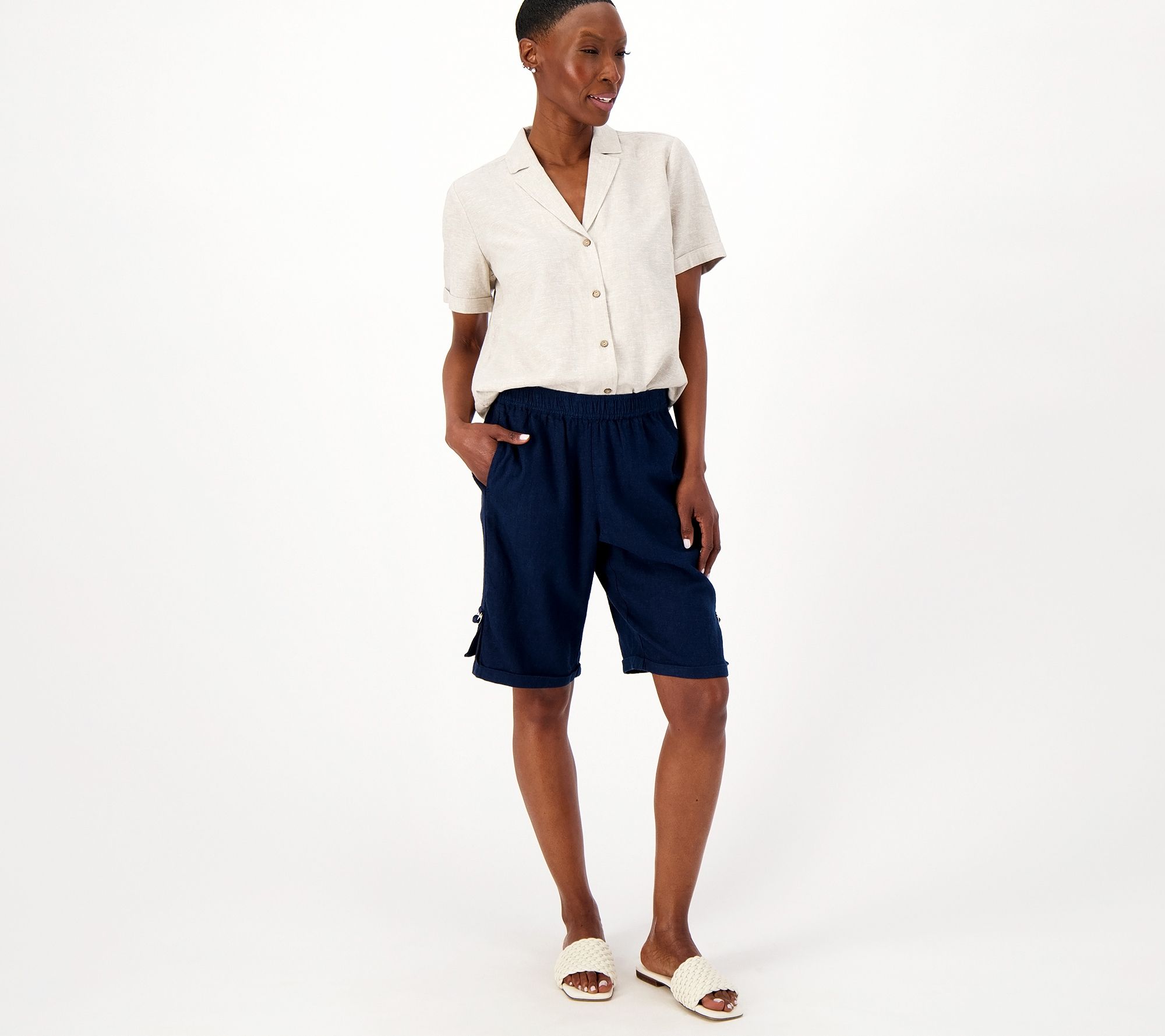"As Is" Susan Graver PURE Linen Blend Bermuda Shorts w/Rolled Hem - QVC.com