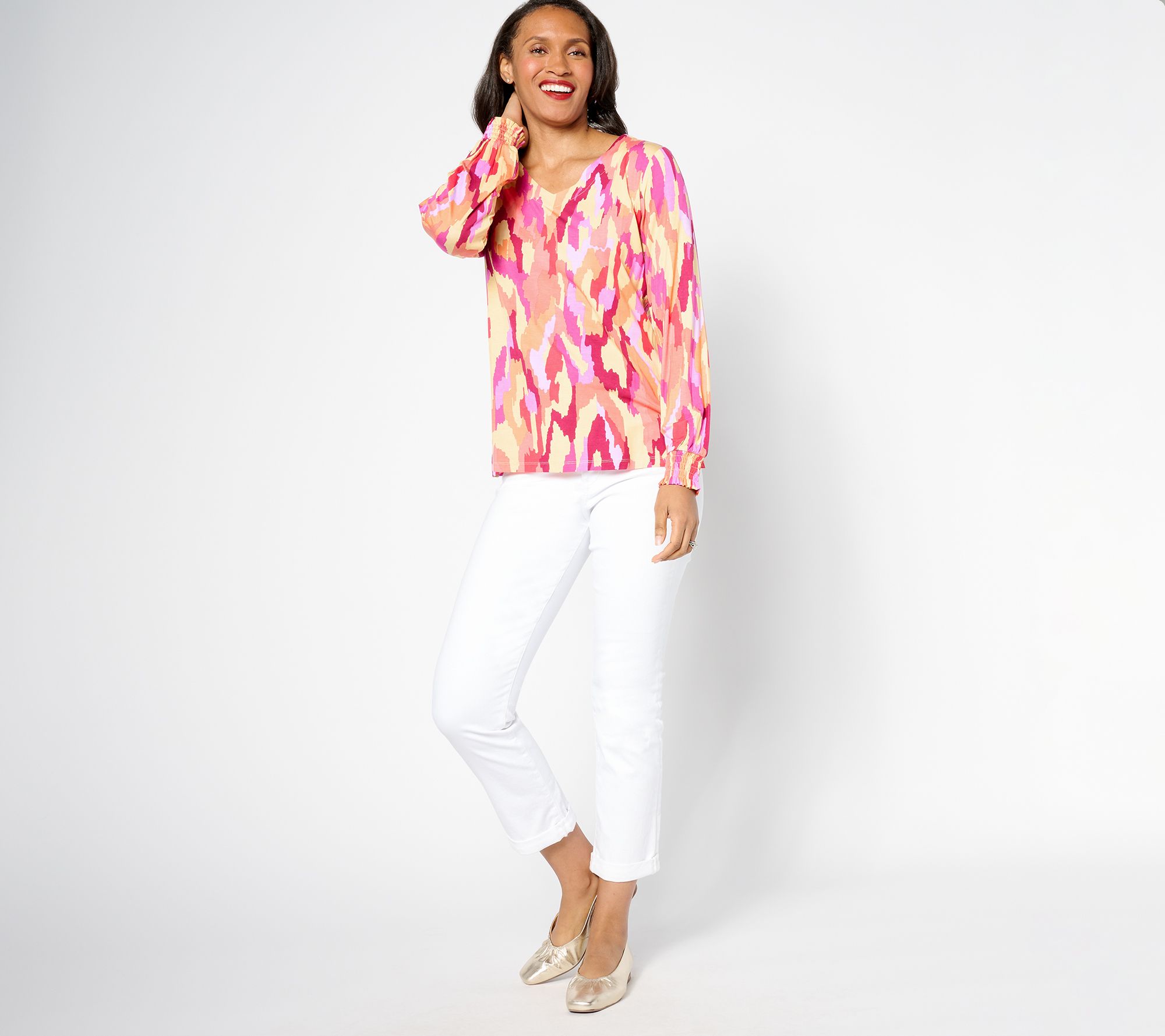 "As Is" Belle by Kim Gravel Rayon Spandex Desert Escape Top w/ Smocked ...