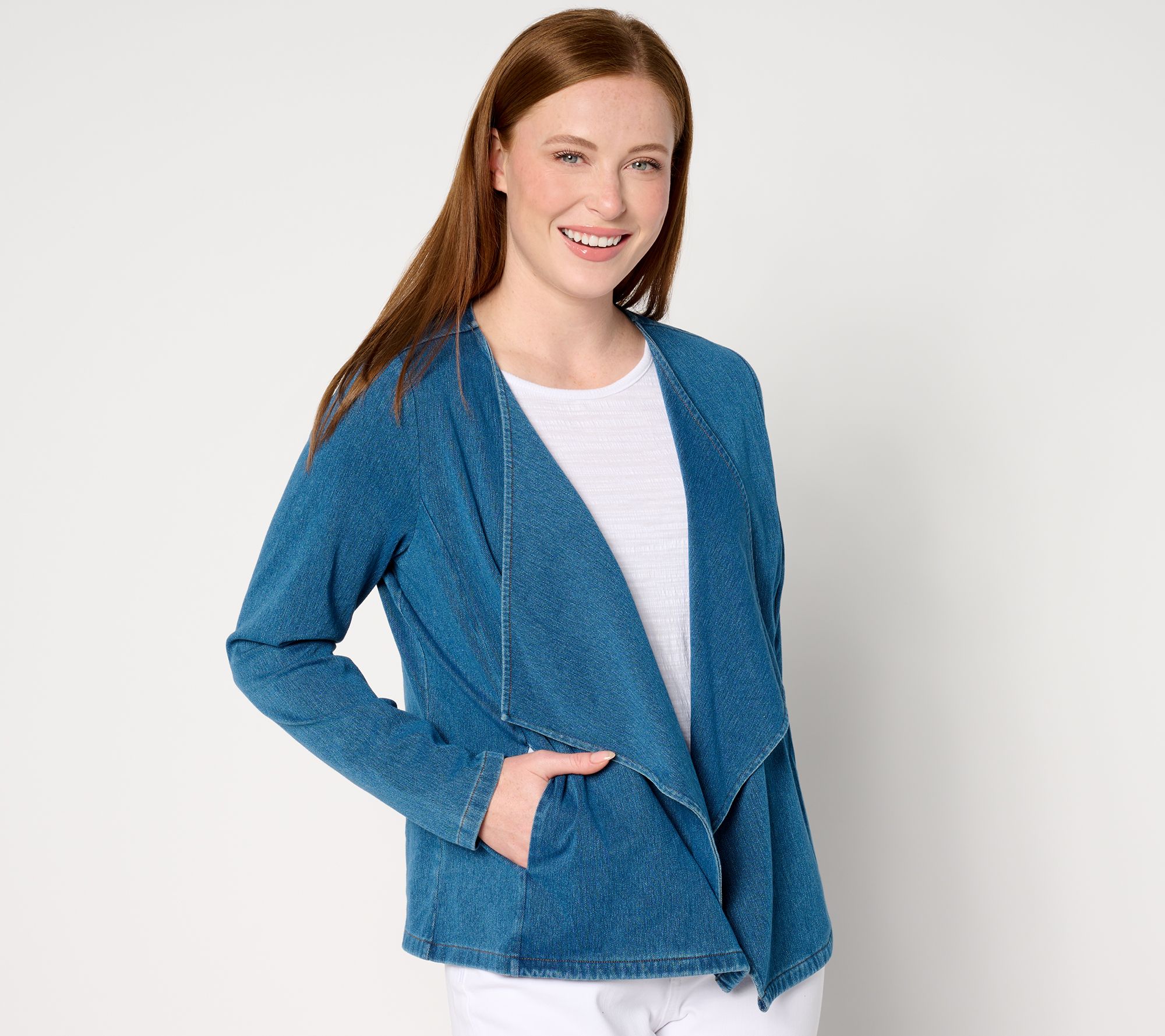 "As Is" Denim & Co. Comfy Knit Air Draped Long Sleeve Jacket - QVC.com