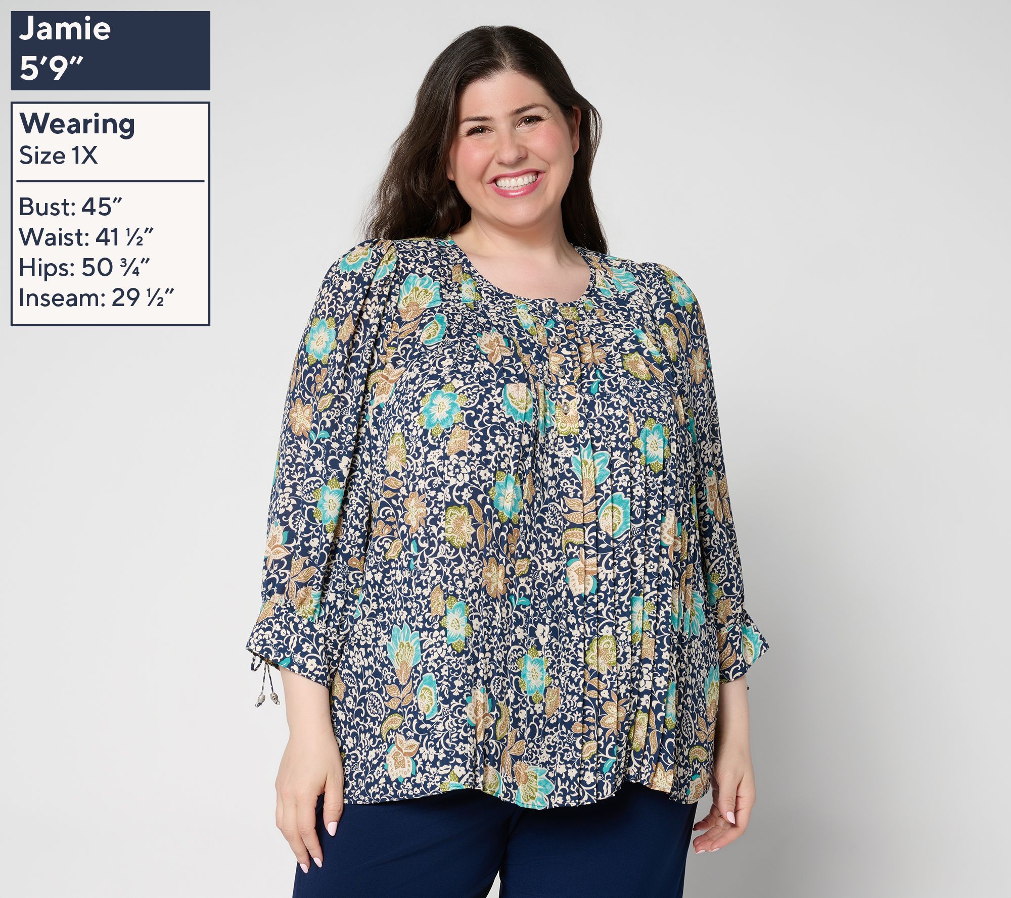 GRAVER Susan Graver Printed Pleated Woven Blouse w/ 3/4 Tie Sleeves ...