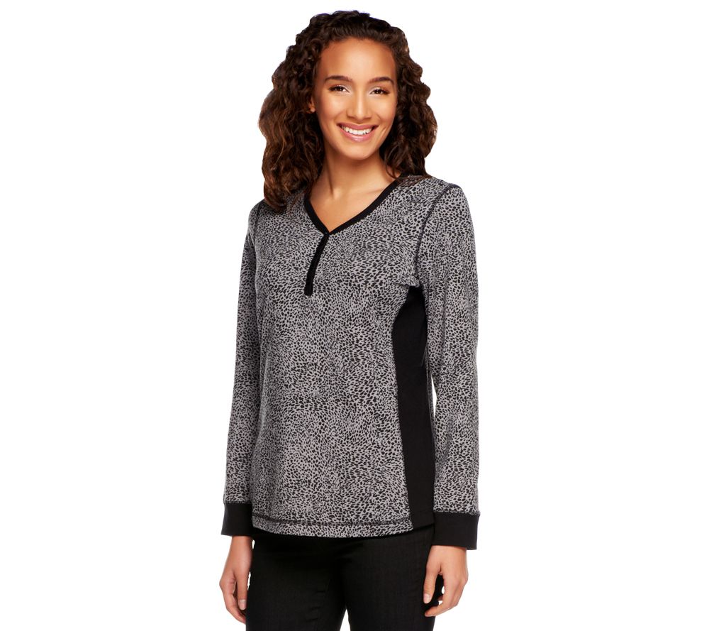 Denim & Co. Long Sleeve Animal Print Henley with Tonal Stitching - QVC.com