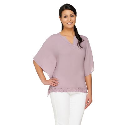 Lisa Rinna Collection Split V-neck Top with Lace Trim Hem - QVC.com