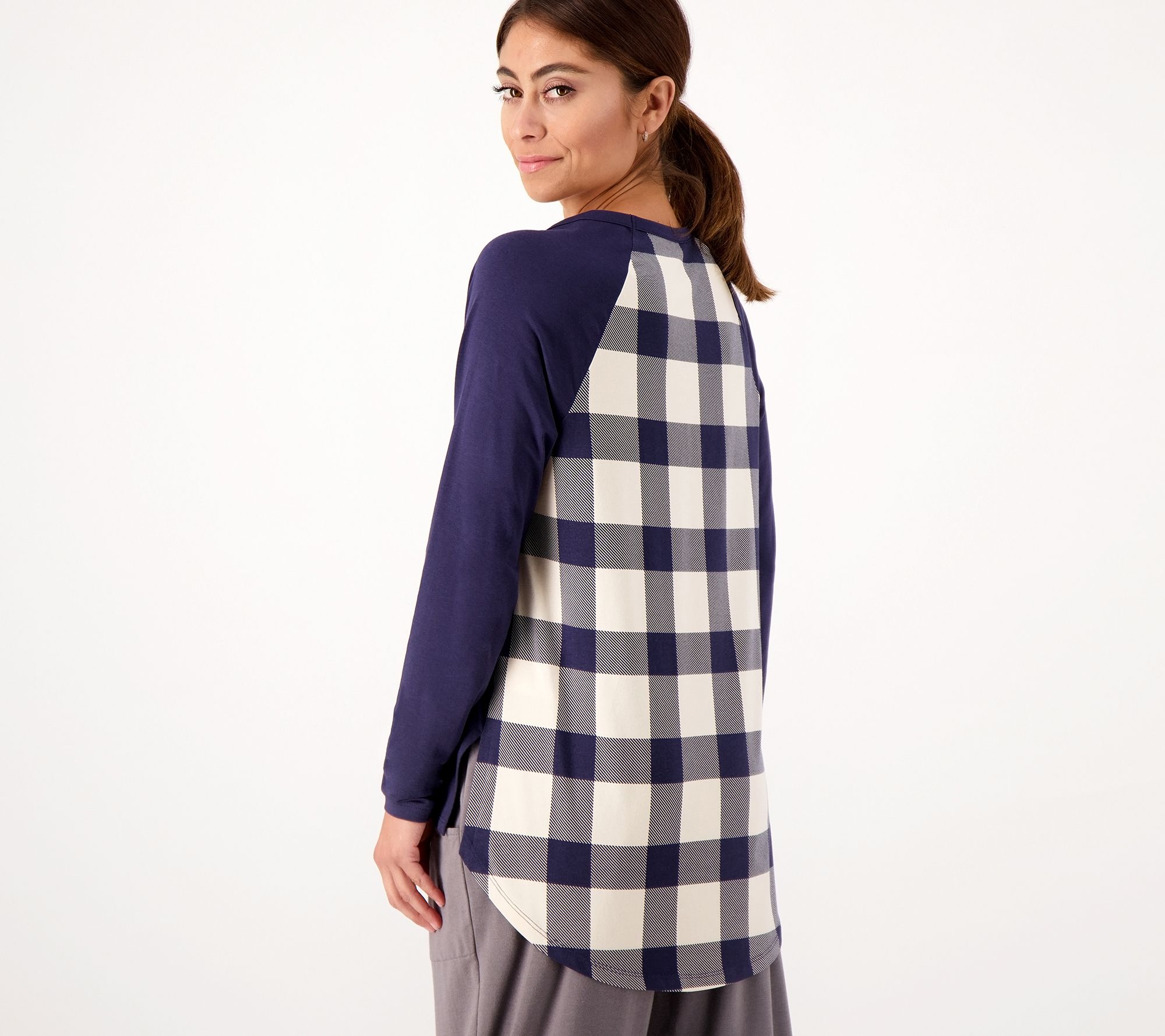 "As Is" AnyBody Cozy Knit Luxe Tunic Top with Plaid Printed Back - QVC.com