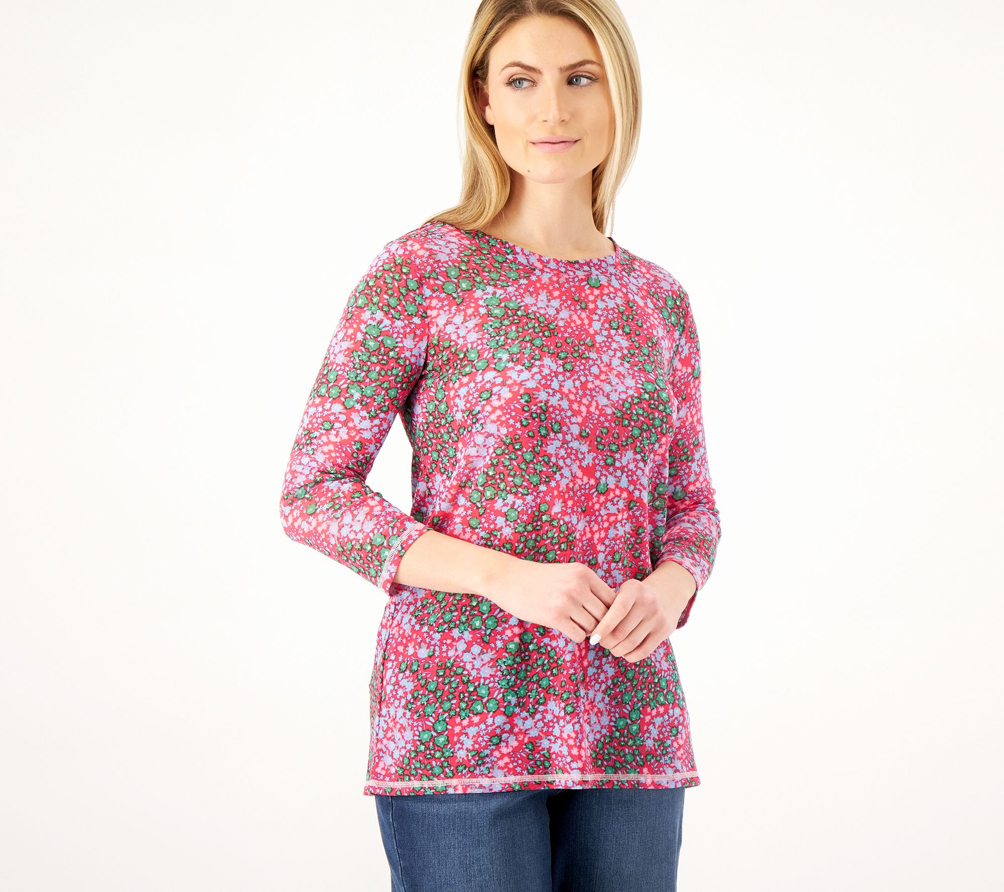 "As Is" LOGO Layers by Lori Goldstein Floral Mesh 3/4 Sleeve Top - QVC.com