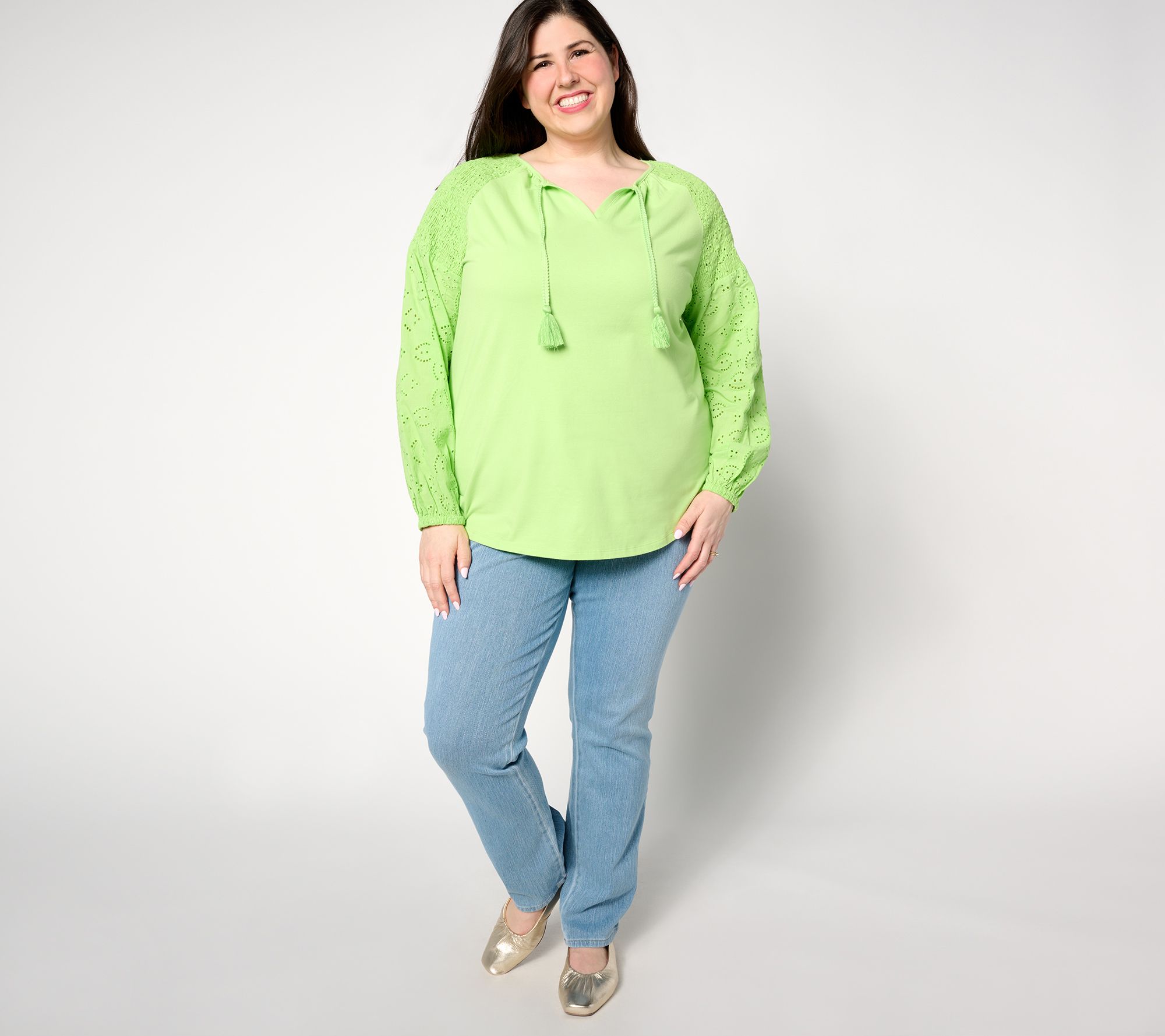 "As Is" Belle by Kim Gravel Eyelet Everything Mixed Media Top - QVC.com