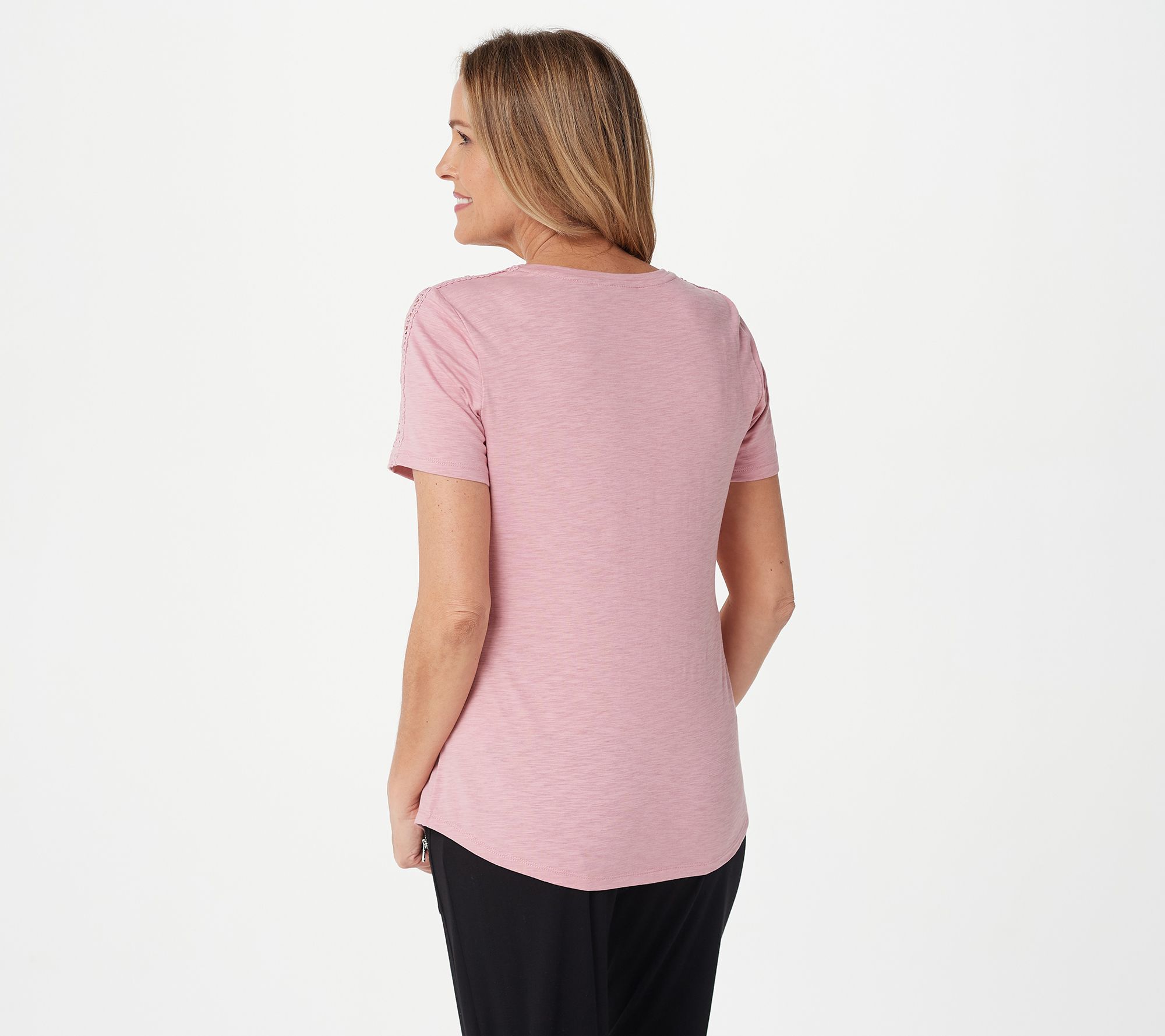 Susan Graver Weekend Textured Cotton Top with Lace Detail - QVC.com