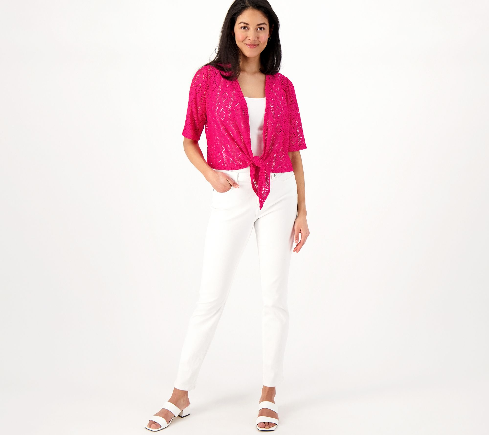 "As Is" Susan Graver Pointelle Knit Elbow-Sleeve Tie-Front Shrug - QVC.com