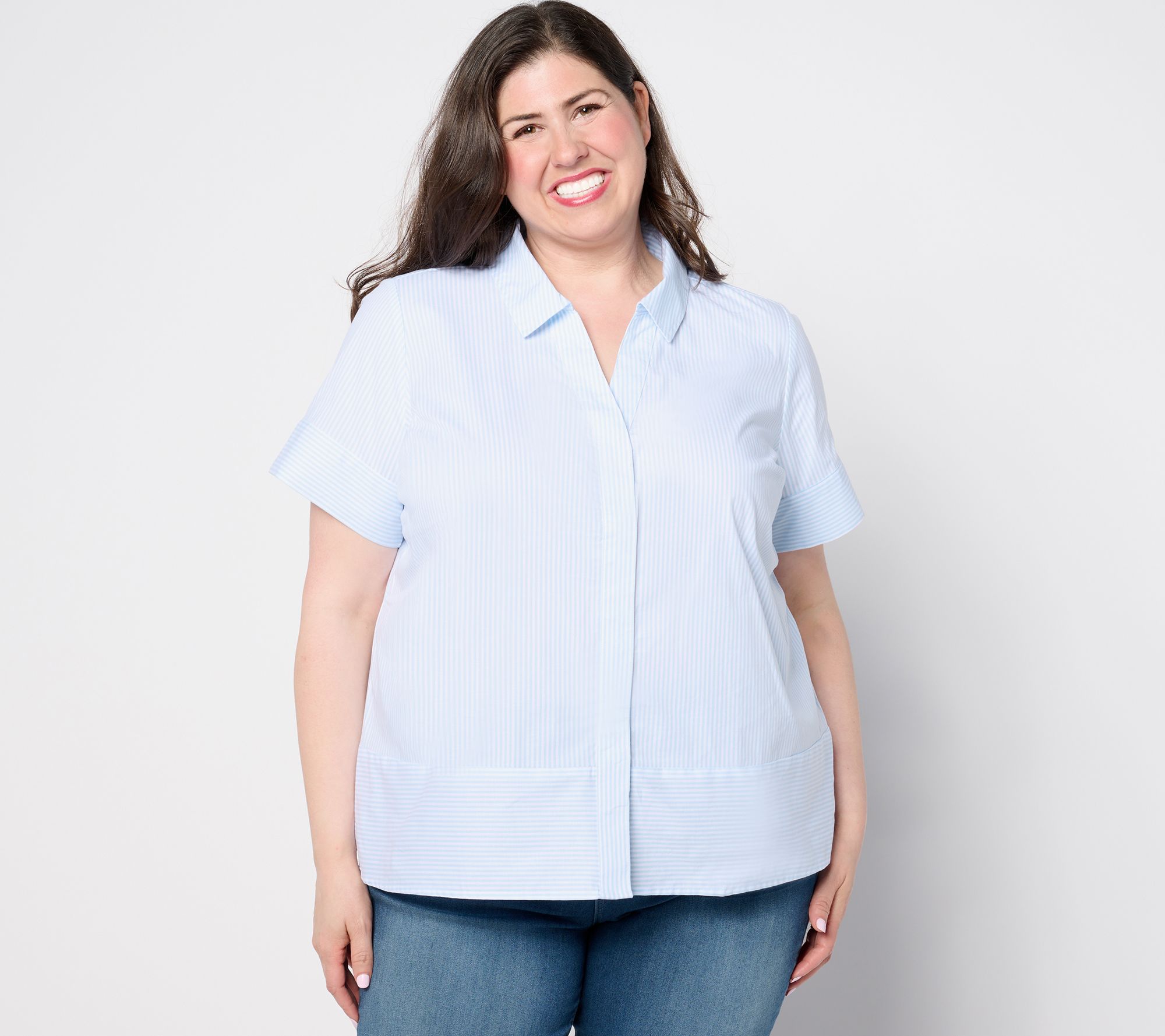 "As Is" Denim & Co. Poplin Yarn Dye Short Sleeve Striped Shirt - QVC.com